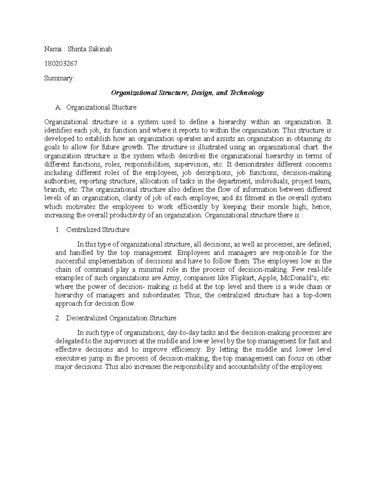 organization structure - Nama : Shinta Sakinah 180203267 Summary ...