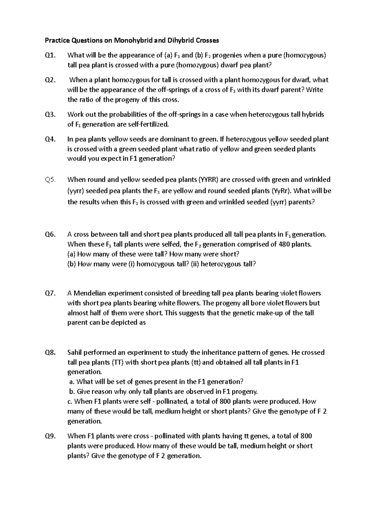 Practice Questions on Monohybrid and Dihybrid Crosses - What will be ...