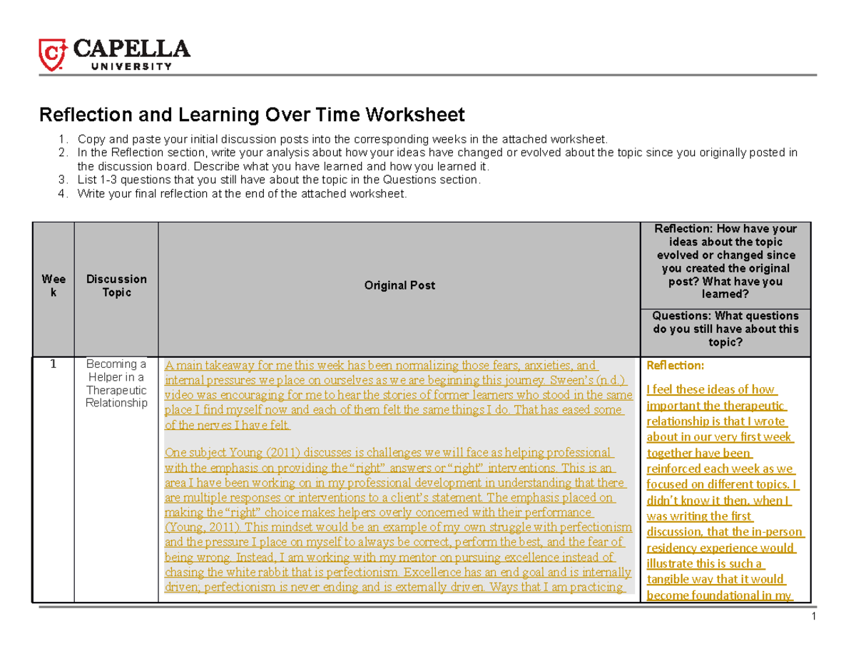 U9A1 ESSAY REFLECTION - Reflection and Learning Over Time Worksheet 1 ...