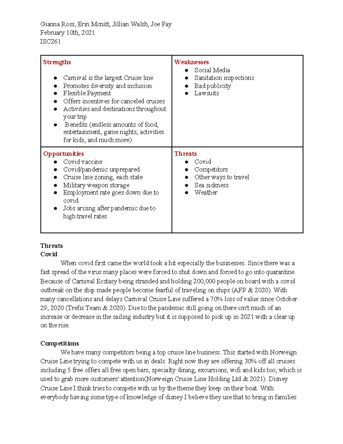SWOT Analysis Group - February 10th, 2021 ISC Threats Covid When covid ...