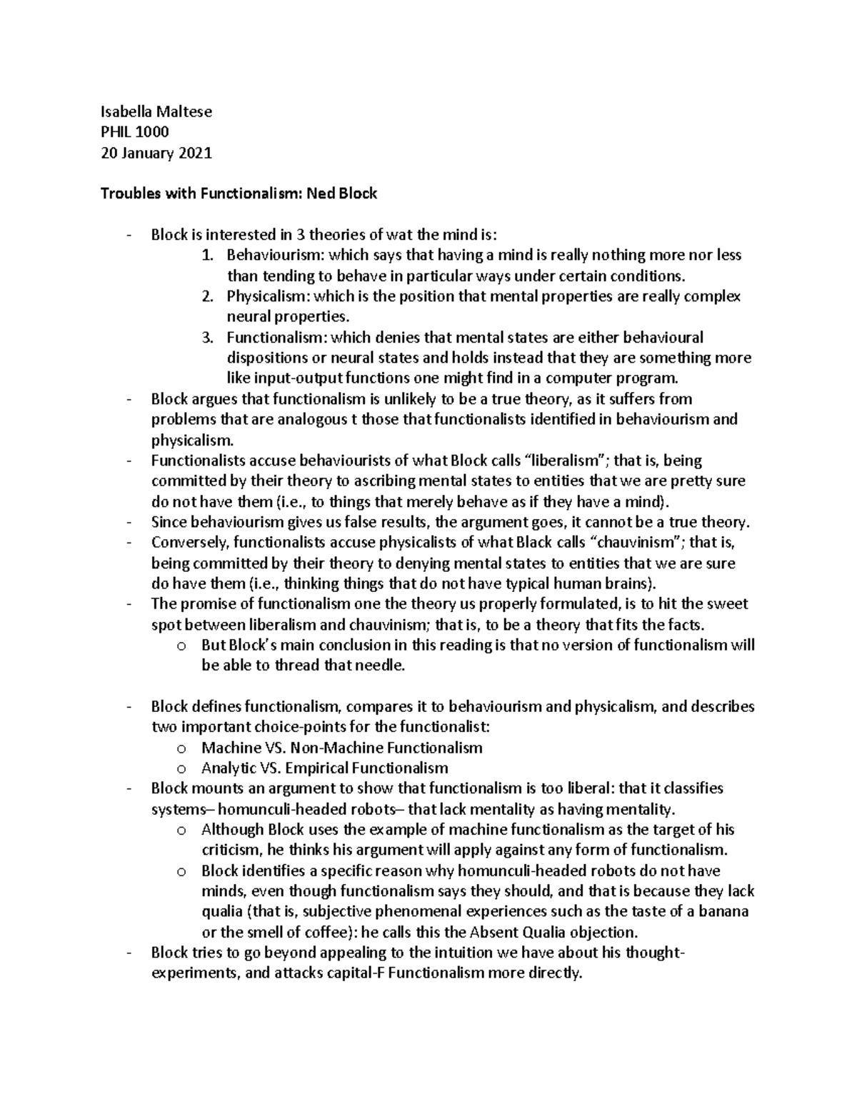 Troubles with Functionalism - Ned Block - Isabella Maltese PHIL 1000 20 ...