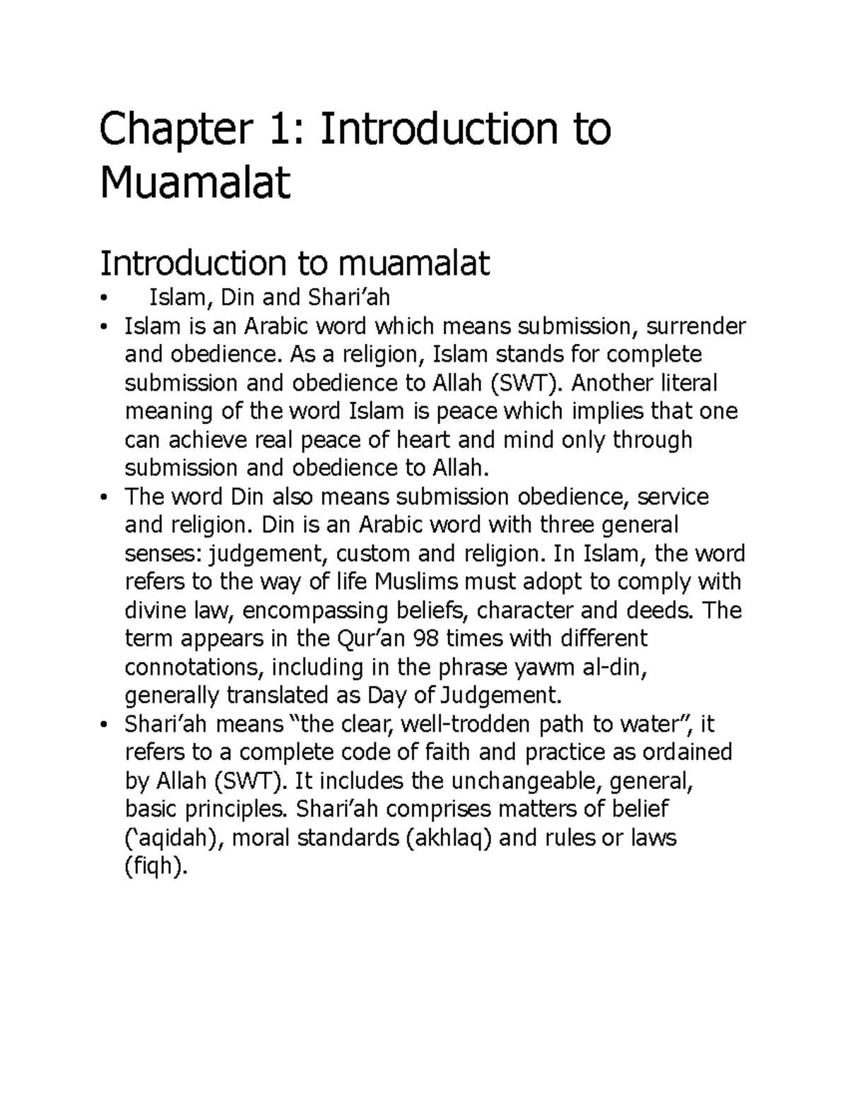 Chapter 1 - Introduction to Muamalat - Chapter 1: Introduction to ...