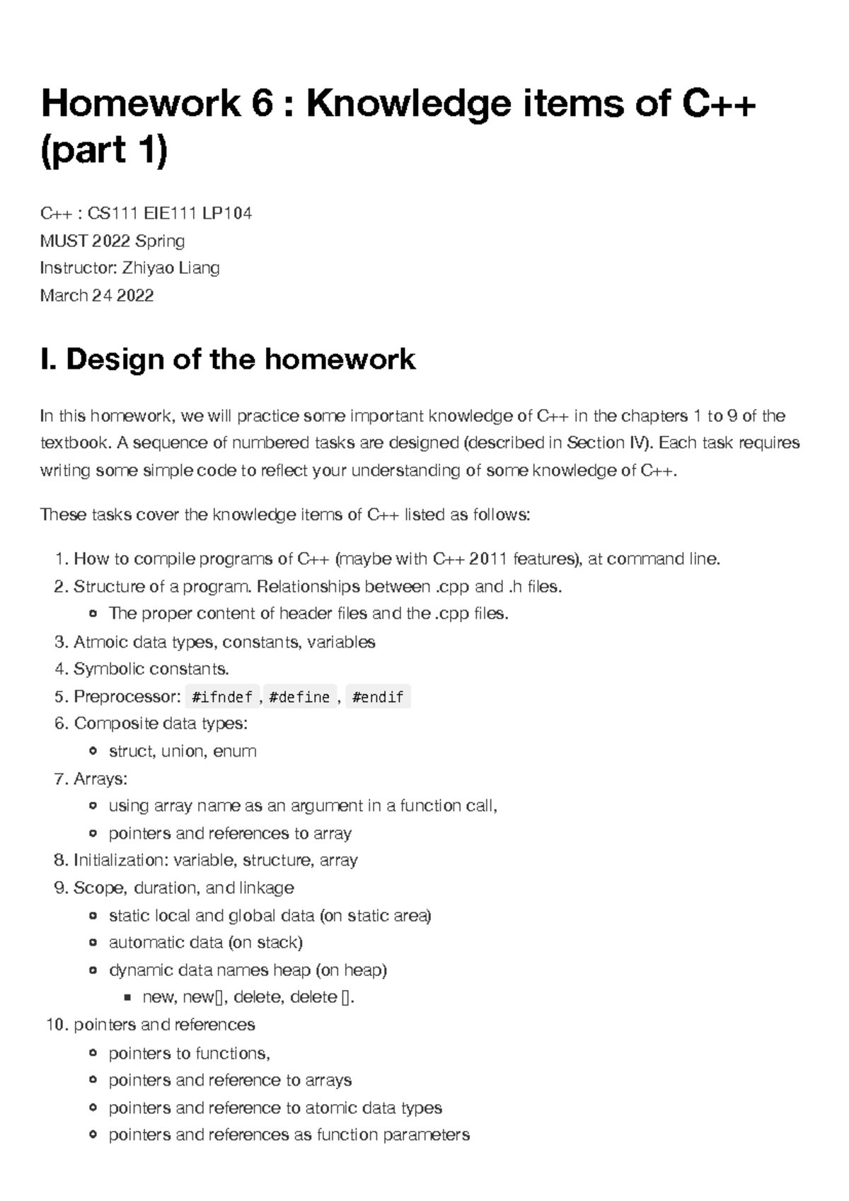 Hmk6 knowledge points part1 - Homework 6 : Knowledge items of C++ (part 1) C++ : CS111 EIE111 LP ...