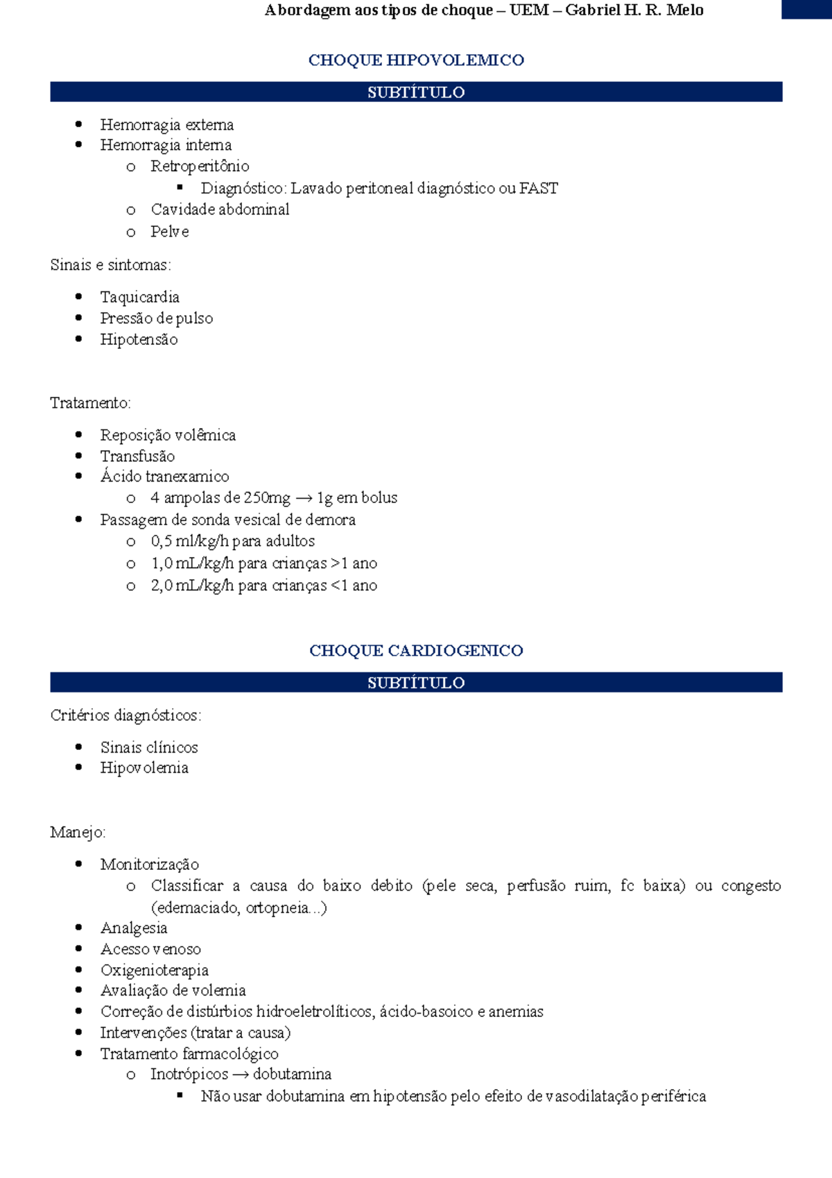 UEM - Abordagem AOS Tipos DE Choque - CHOQUE HIPOVOLEMICO SUBTÍTULO ...