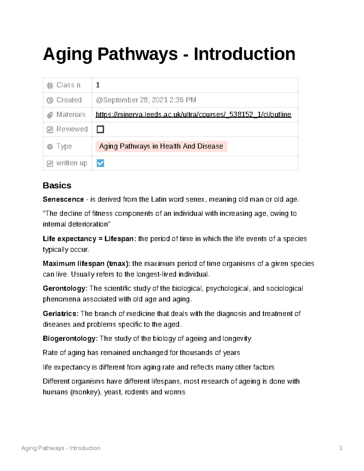 1 Aging Pathways - Introduction - Aging Pathways - Introduction Class n ...