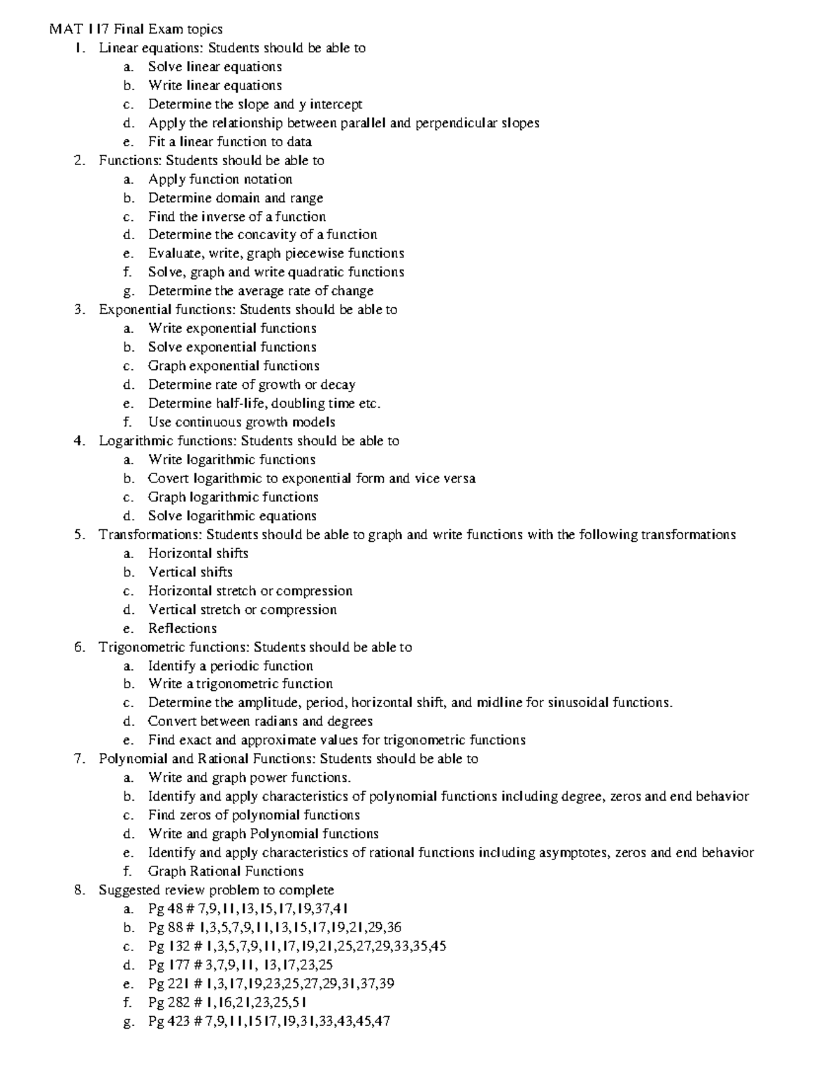 Final Exam topics - Linear equations: Students should be able to a ...