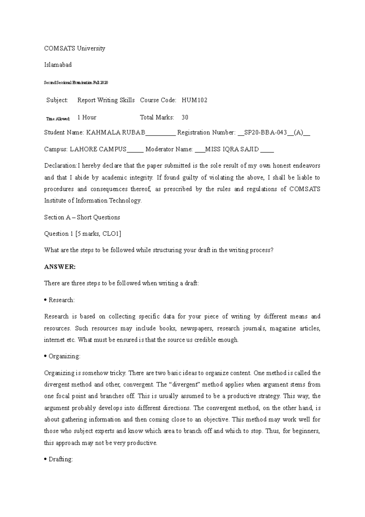 Rws past paper 3 - COMSATS University Islamabad Second Sessional ...