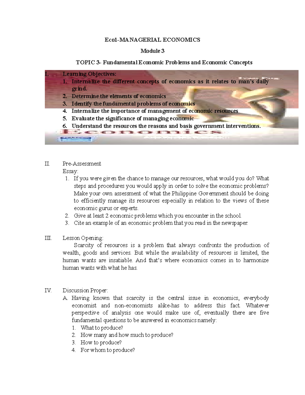 Module 3 ECO 1 - Eco1-MANAGERIAL ECONOMICS Module 3 TOPIC 3 ...