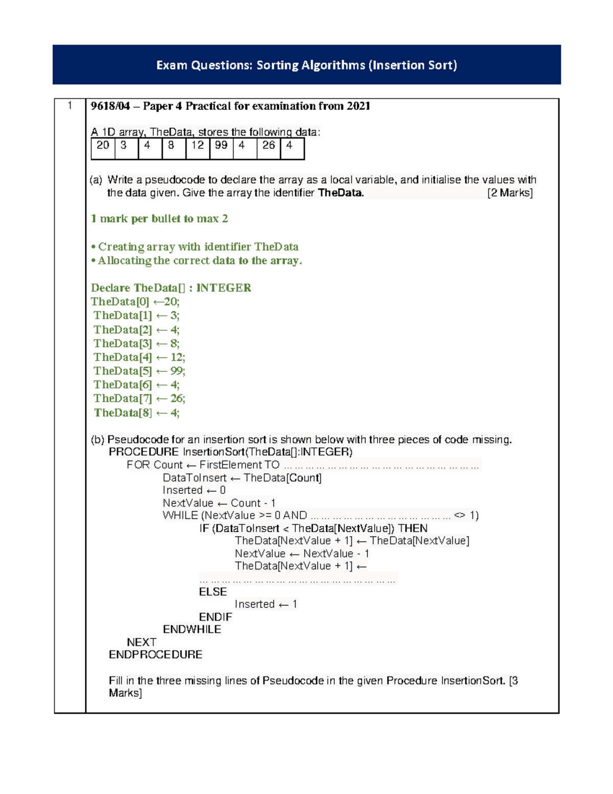 Exam Questions Insertion Sort - Answers - Exam Questions: Sorting Algorithms (Insertion Sort) 1 ...