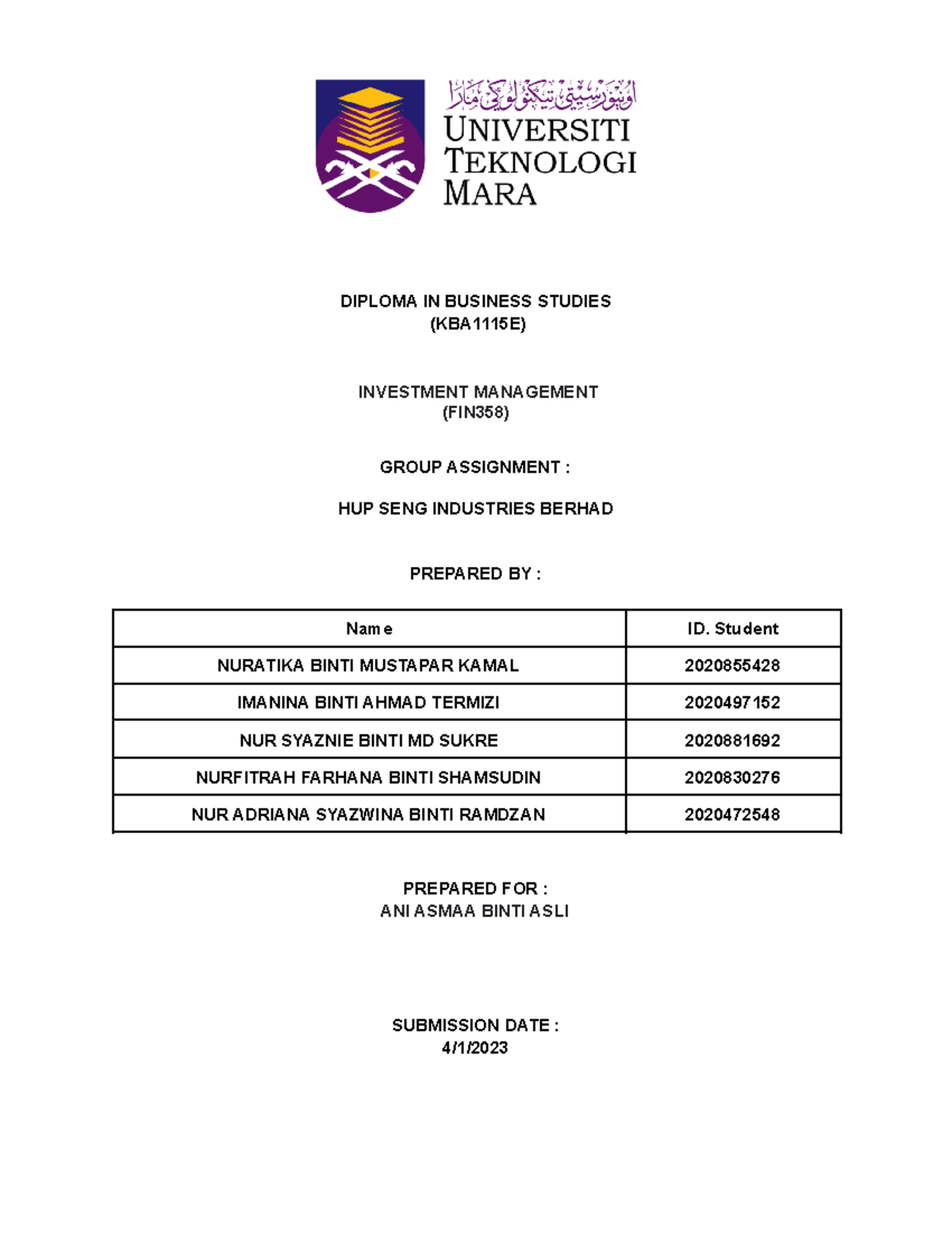 FIN358 GP Assignment - DIPLOMA IN BUSINESS STUDIES (KBA1115E ...