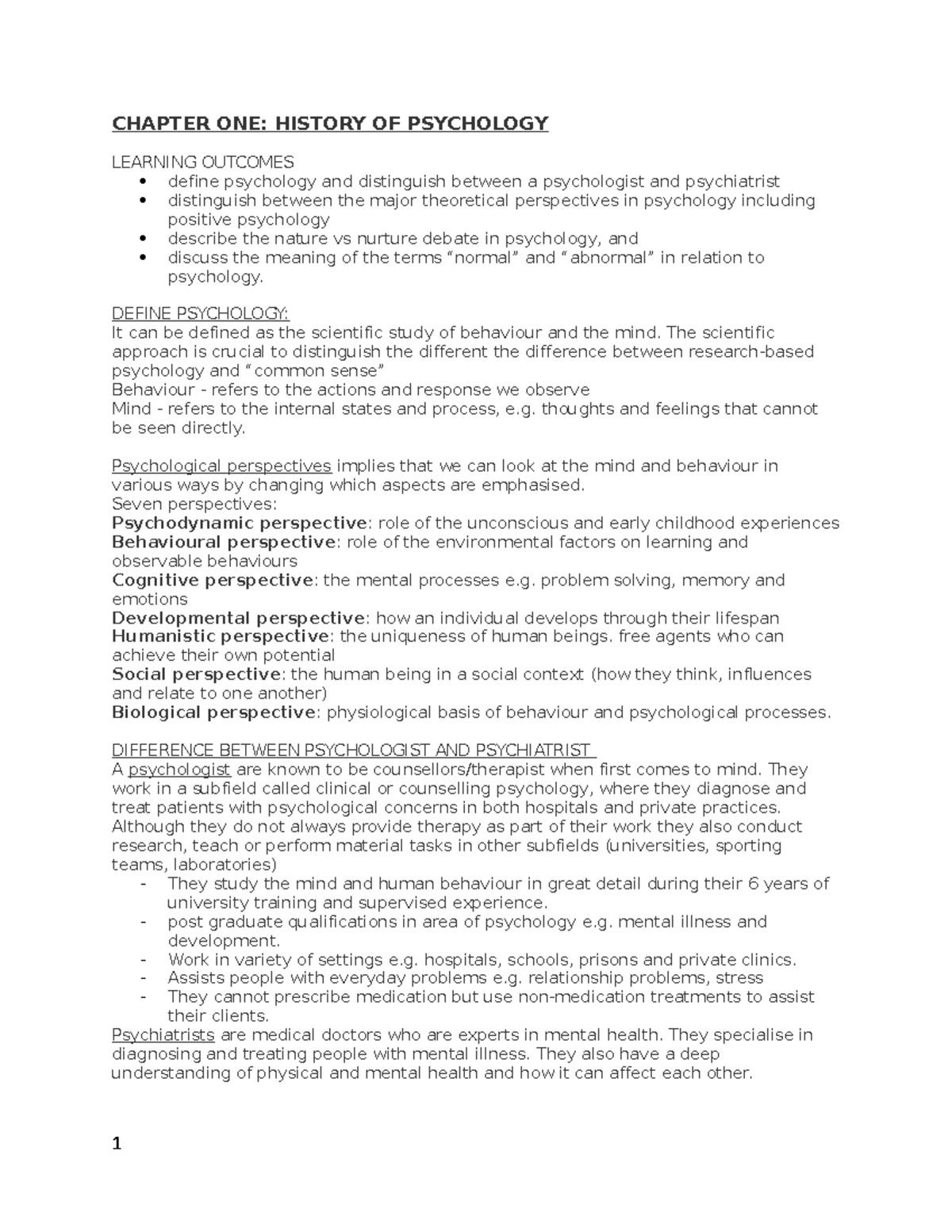 Human Behaviour - Chapters 1-10 - CHAPTER ONE: HISTORY OF PSYCHOLOGY ...