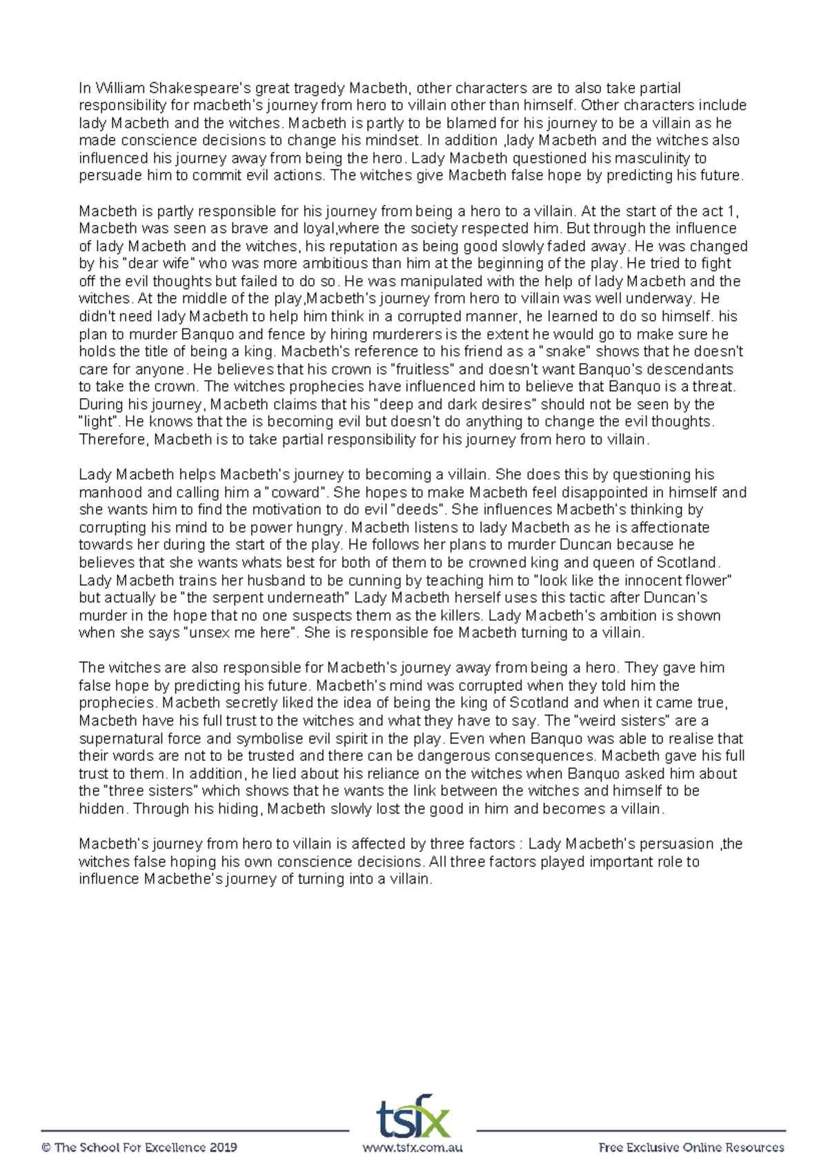 Sample Macbeth - essay response - In William Shakespeare’s great ...