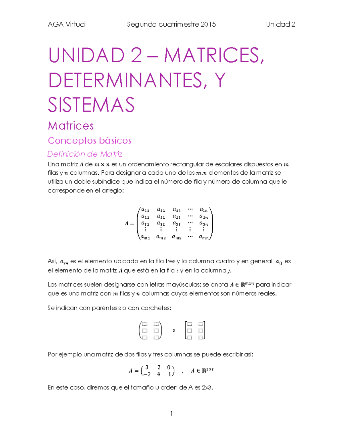 Matrices resumen - UNIDAD 2 – MATRICES, DETERMINANTES, Y SISTEMAS ...