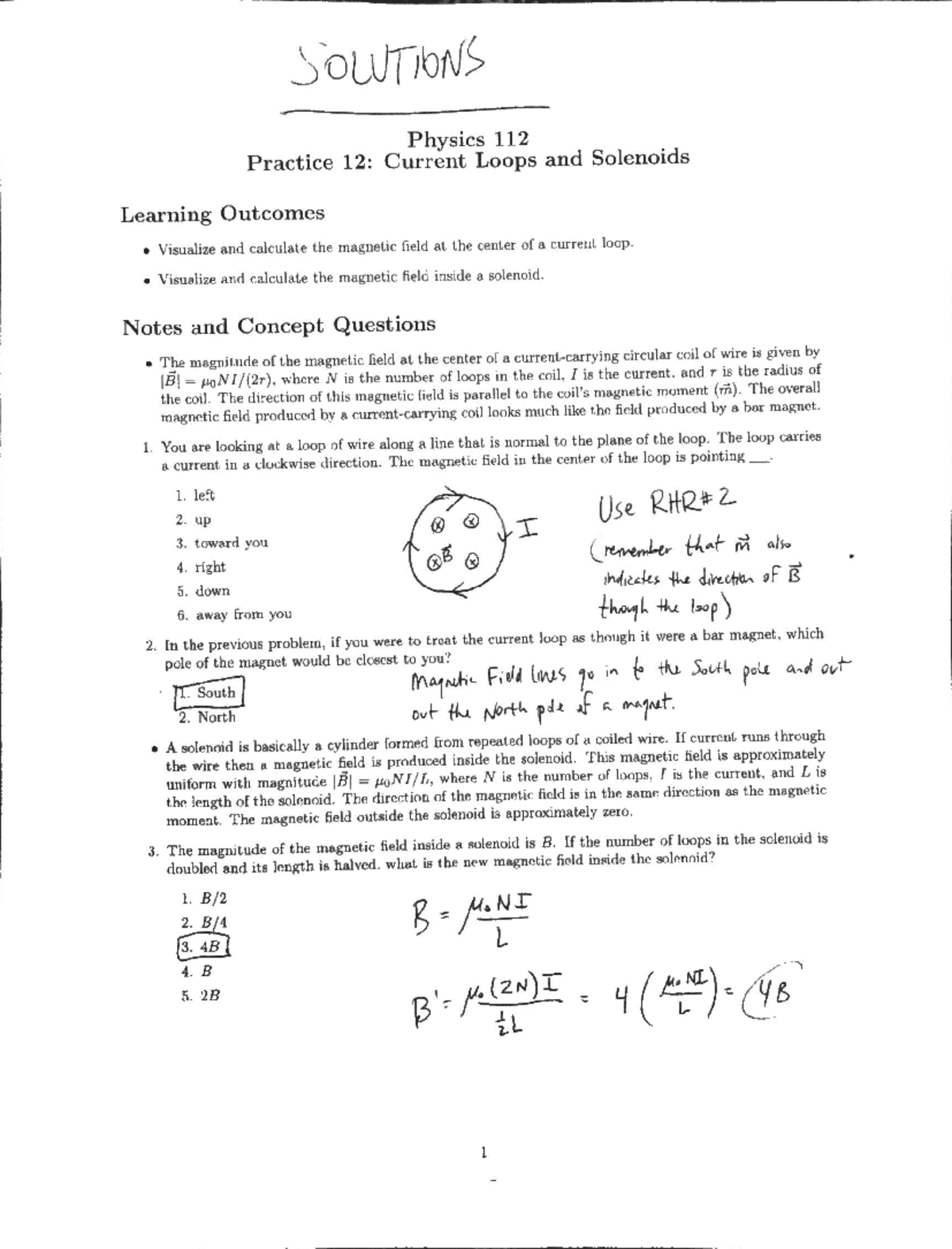 Current Loops and Solenoids Practice - PHY 112 - Studocu