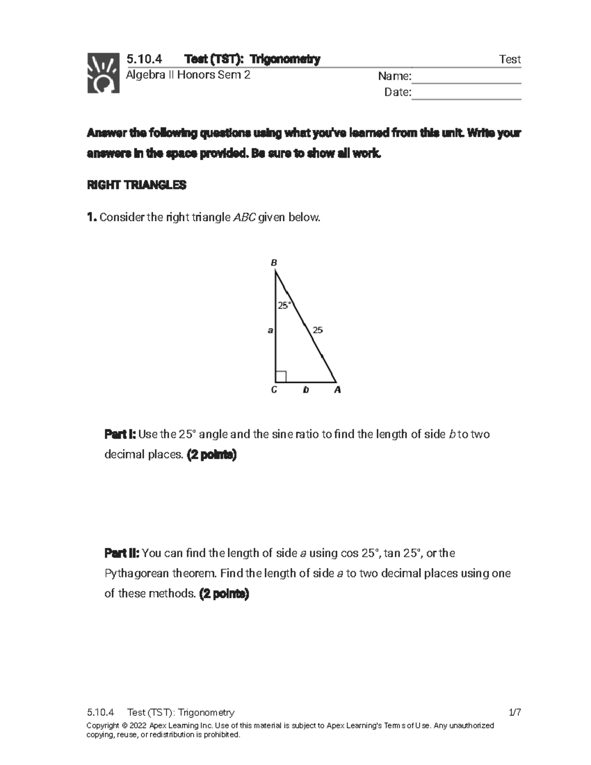 Attachment 1 10 - It is a trigonometry test for honor semester II ...
