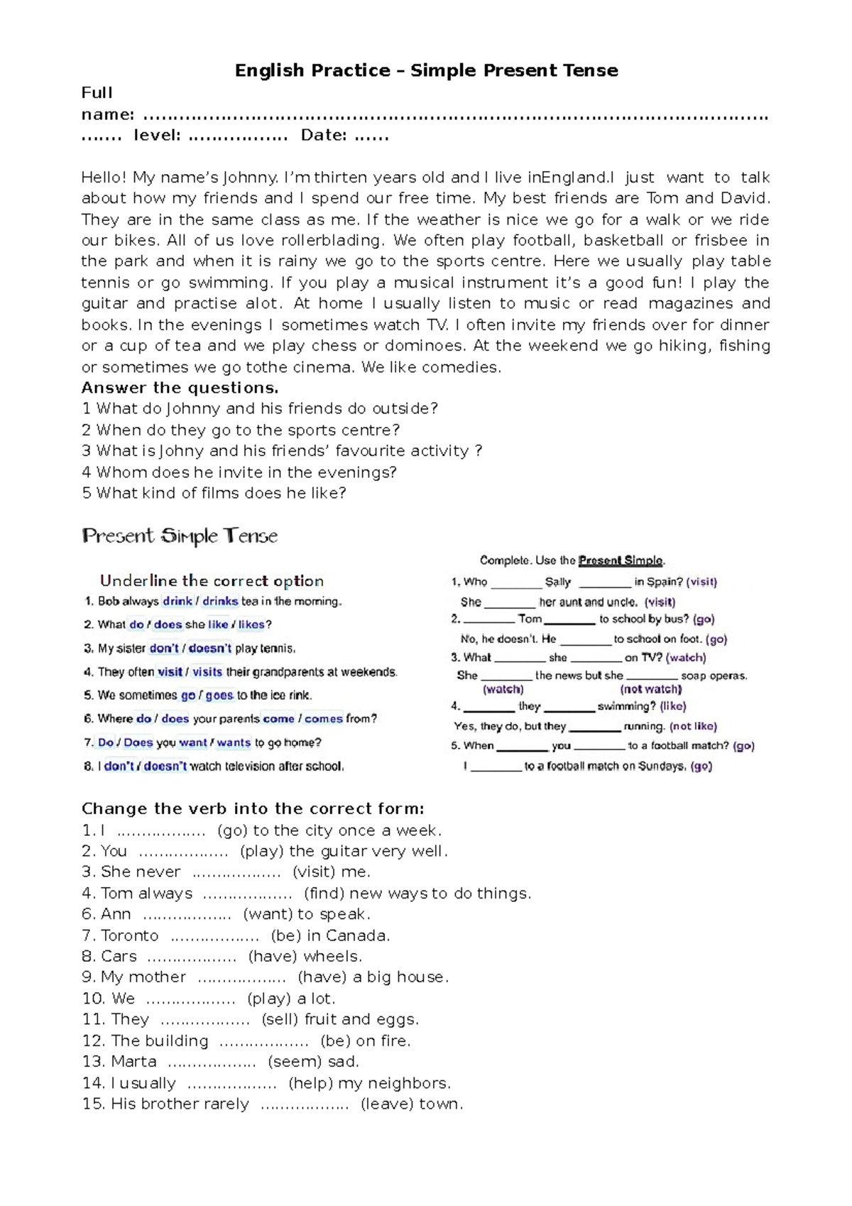 English Practice - primero - English Practice – Simple Present Tense ...