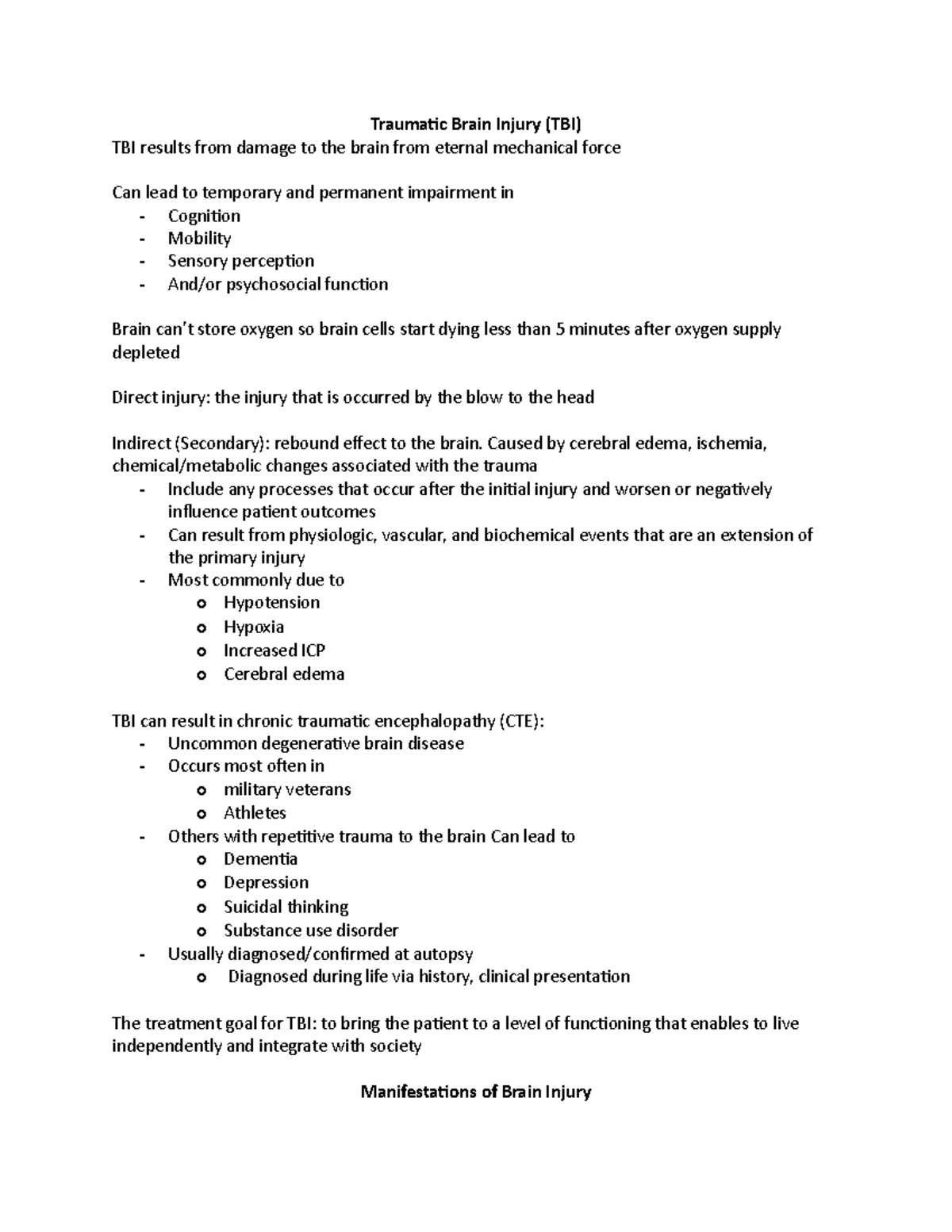 Medsurg 3 unit 4 notes - Traumatic Brain Injury (TBI) TBI results from ...