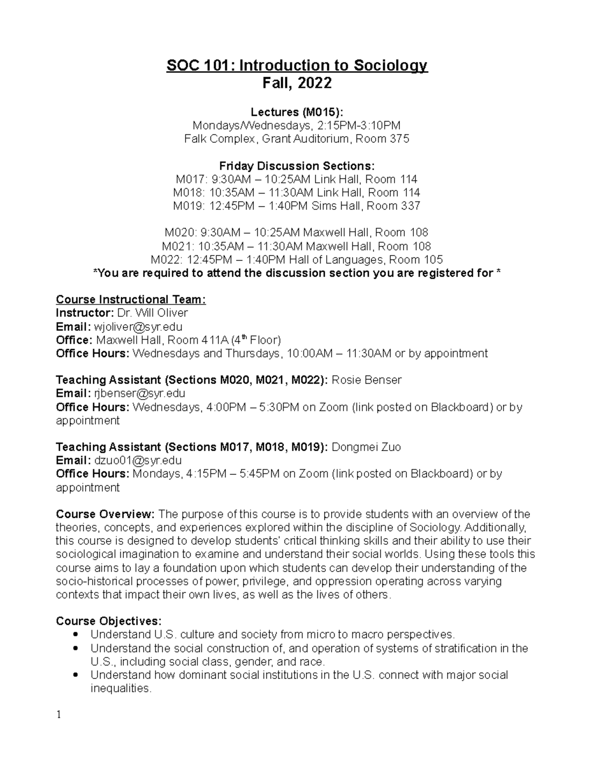 SOC 101 Syllabus Fall 2022 Sylllabus - SOC 101: Introduction to Sociology Fall, 2022 Lectures ...