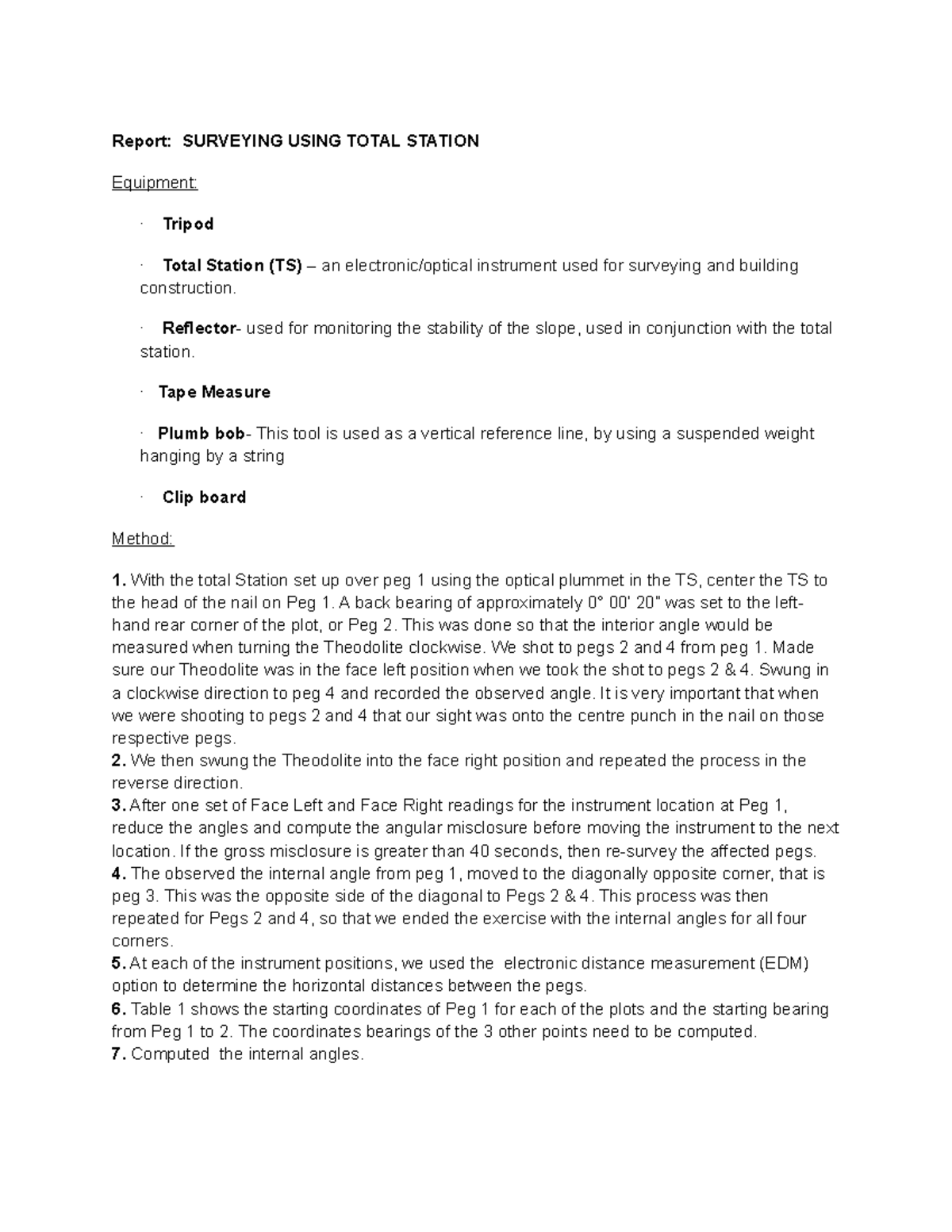 Prac 2 surveying final - lecture notes - Report: SURVEYING USING TOTAL ...