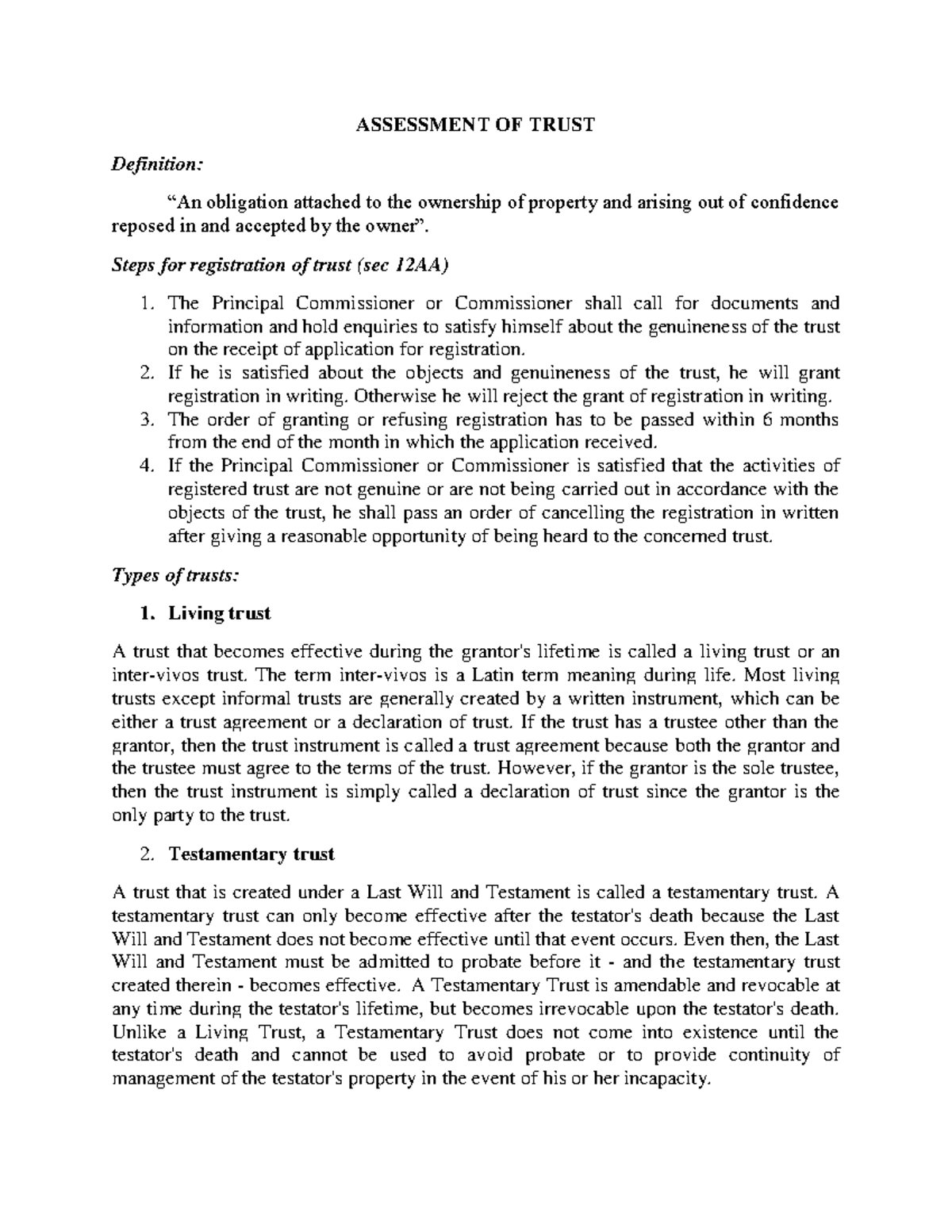 Assessment OF Trust - ASSESSMENT OF TRUST Definition: “An obligation ...