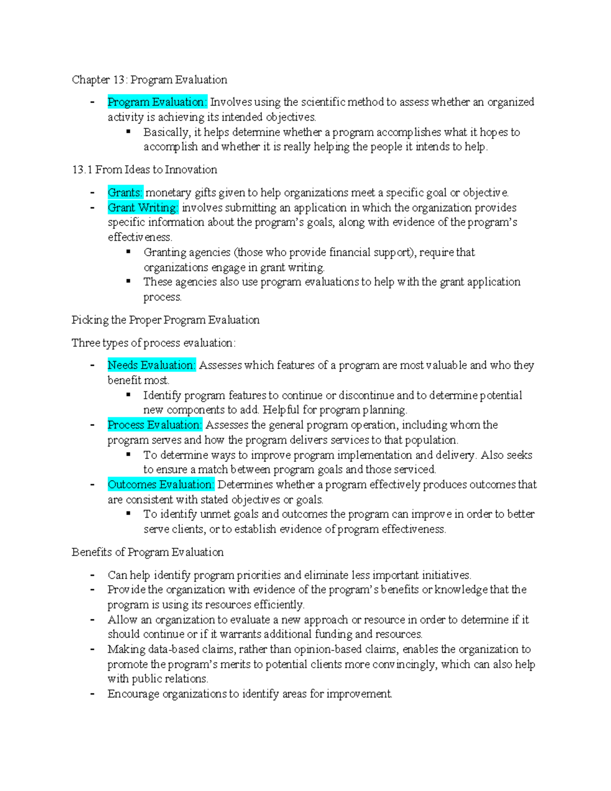 Ch. 13 Textbook Summary - Program Evaluation - Chapter 13: Program Evaluation Program Evaluation ...