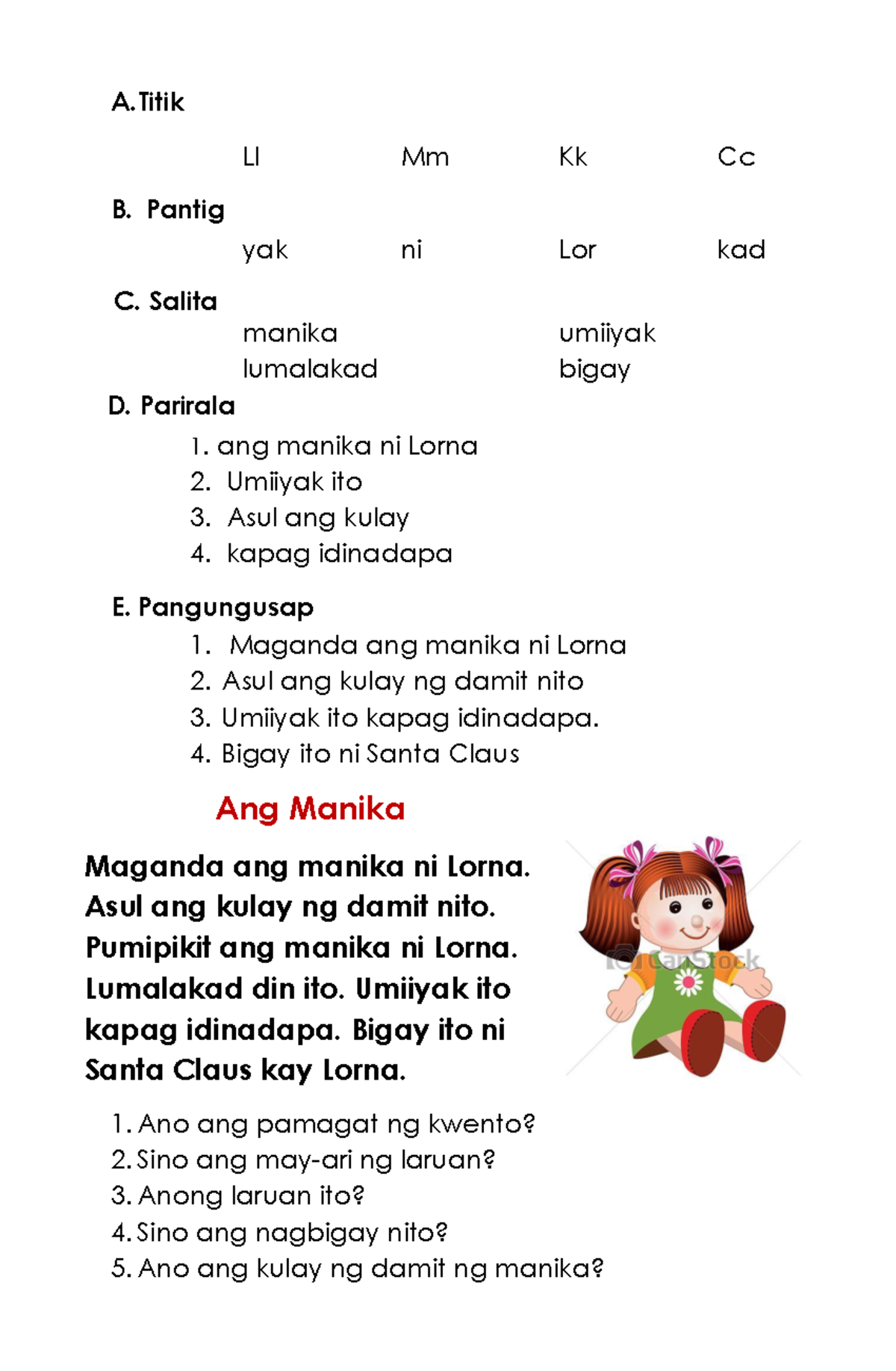 Oral reading test Maikling Kwento 1 - A Ll Mm Kk Cc B. Pantig yak ni ...