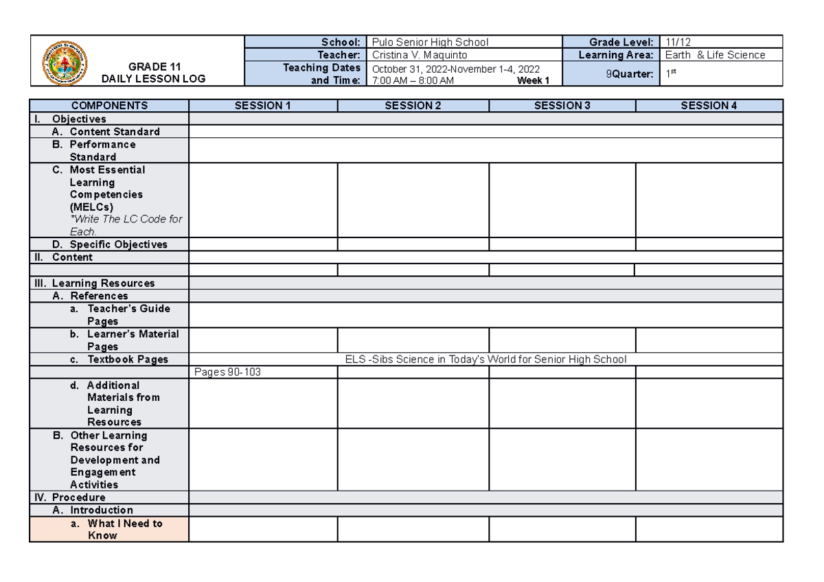 Q2W1-DLL-Earth and Life Science - s GRADE 11 DAILY LESSON LOG School ...