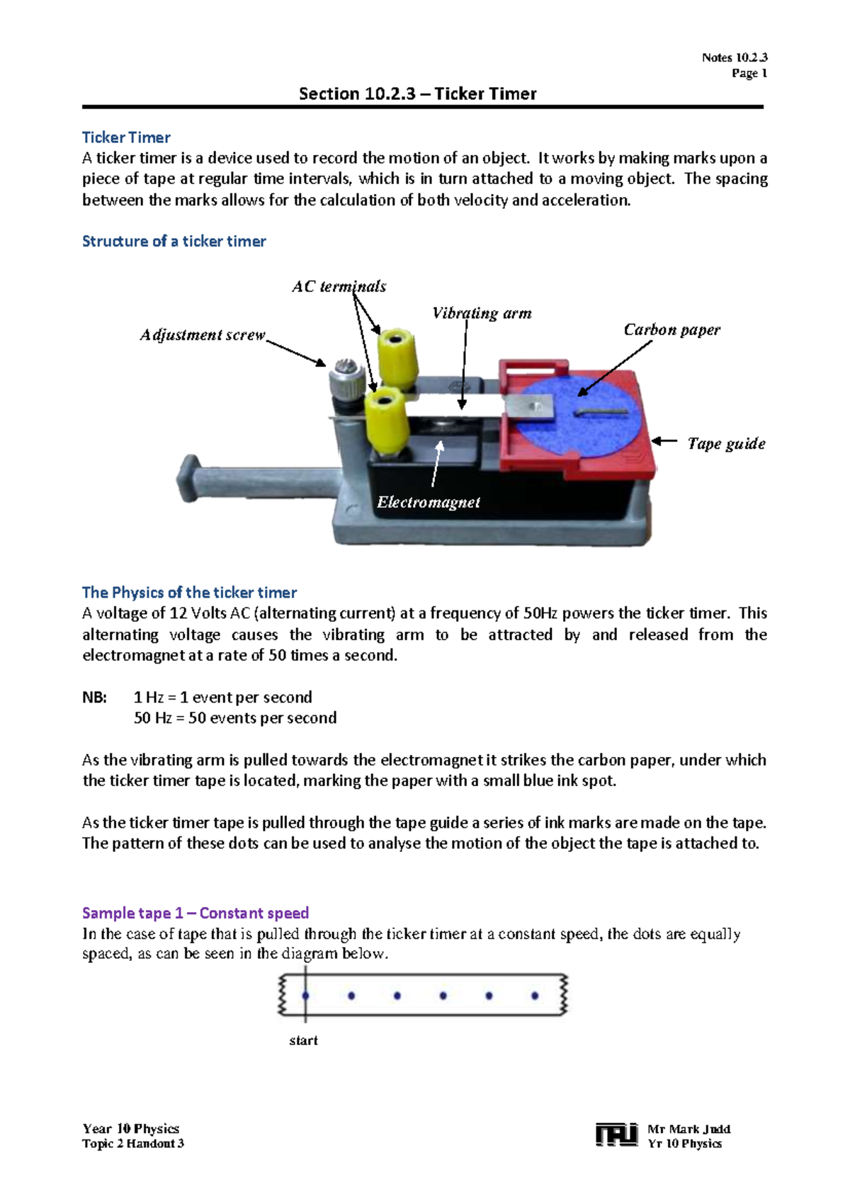 Ticker Timer Worksheet - Page 1 Year 10 Physics Mr Mark Judd Section 10 ...