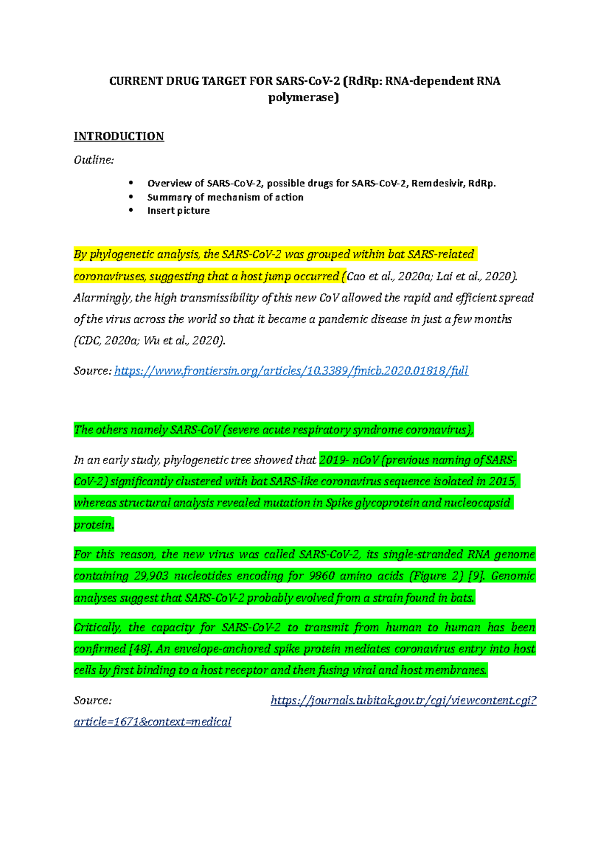 MIC531 Assignment 1 ( Outline FOR Intro) - CURRENT DRUG TARGET FOR SARS ...