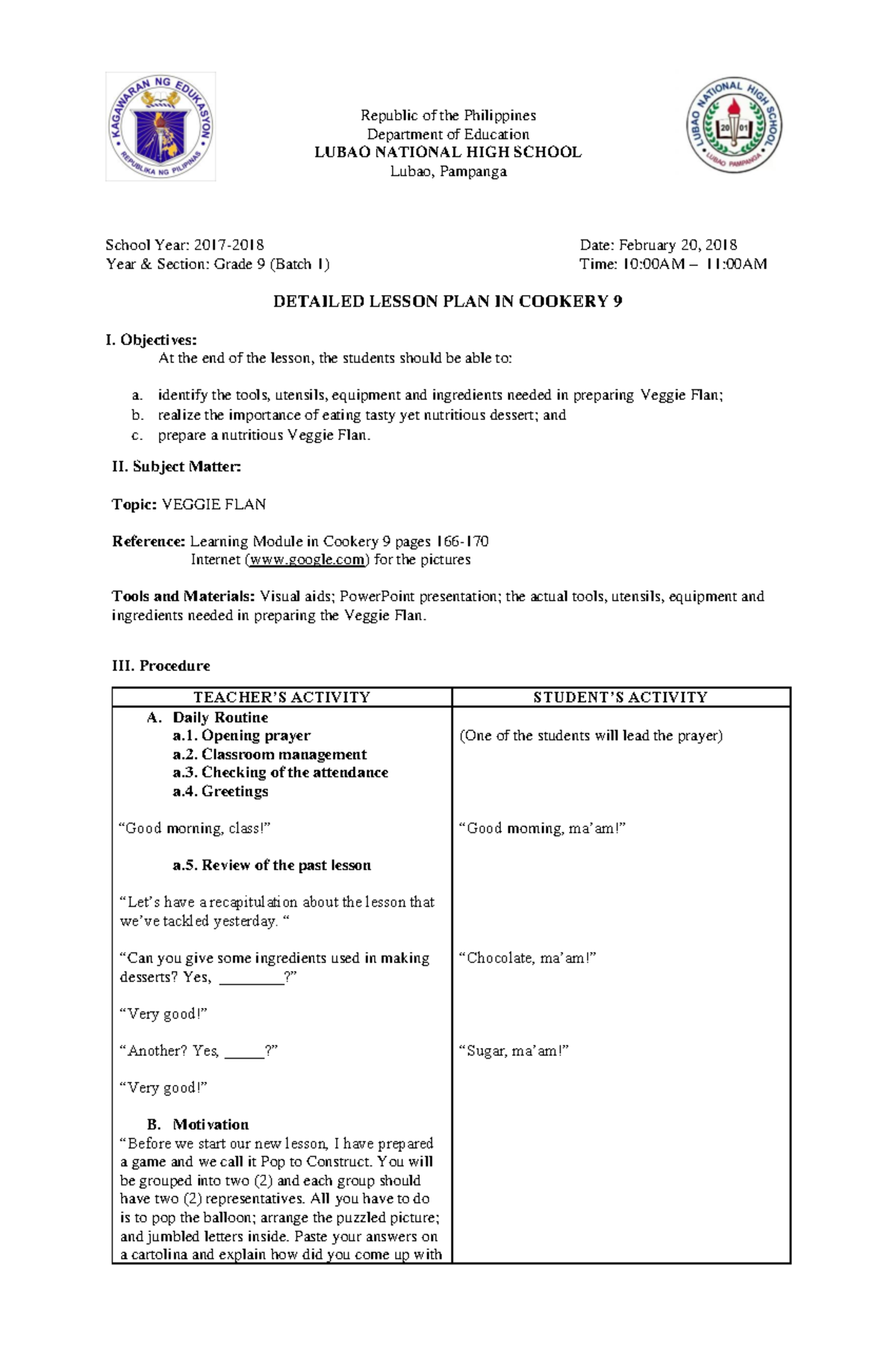 Detailed Lesson PLAN IN Cookery 9 - Republic of the Philippines ...