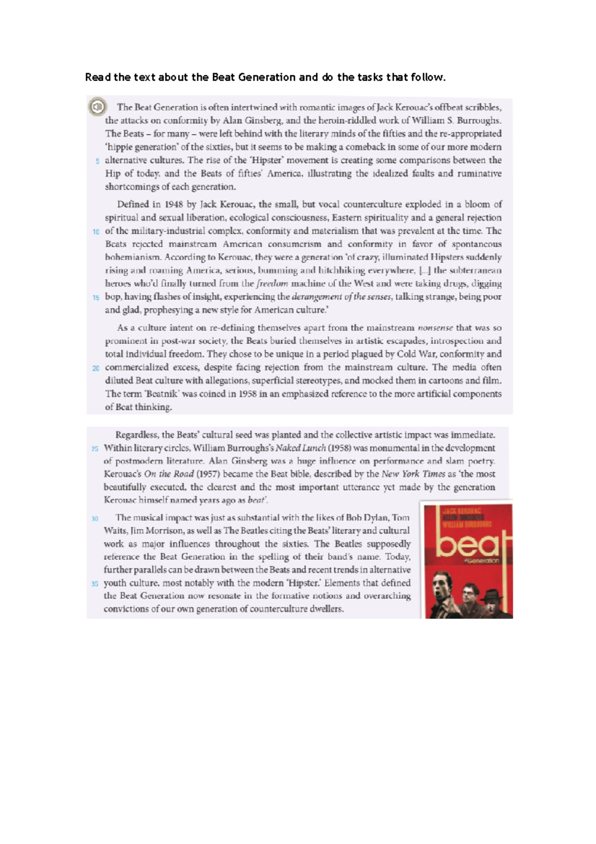 Read the text about the Beat Generation and do the tasks that follow ...