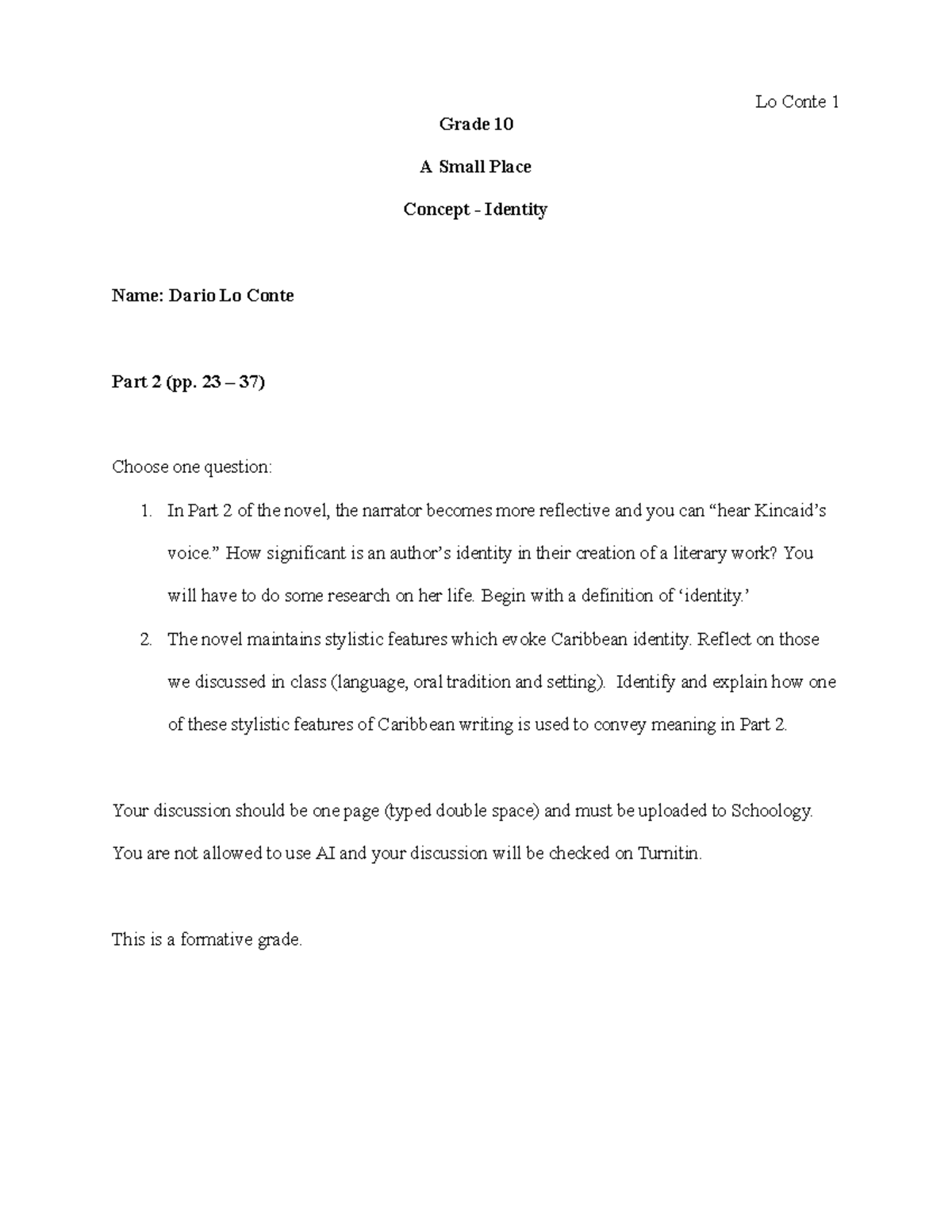 A Small Place Identity Part 2 Discussion - Lo Conte 1 Grade 10 A Small ...