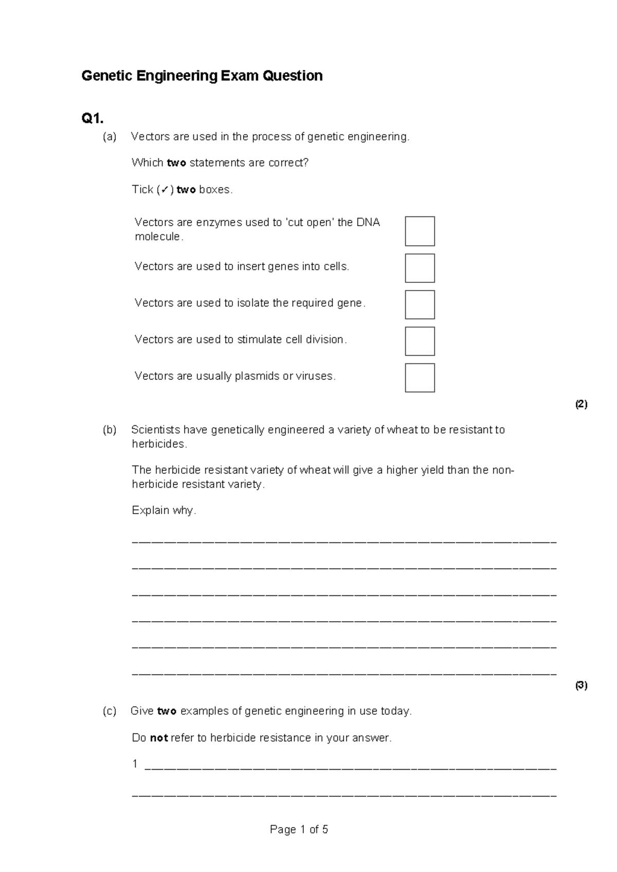 1SAK Genetic engineering EQ and MS - Genetic Engineering Exam Question ...