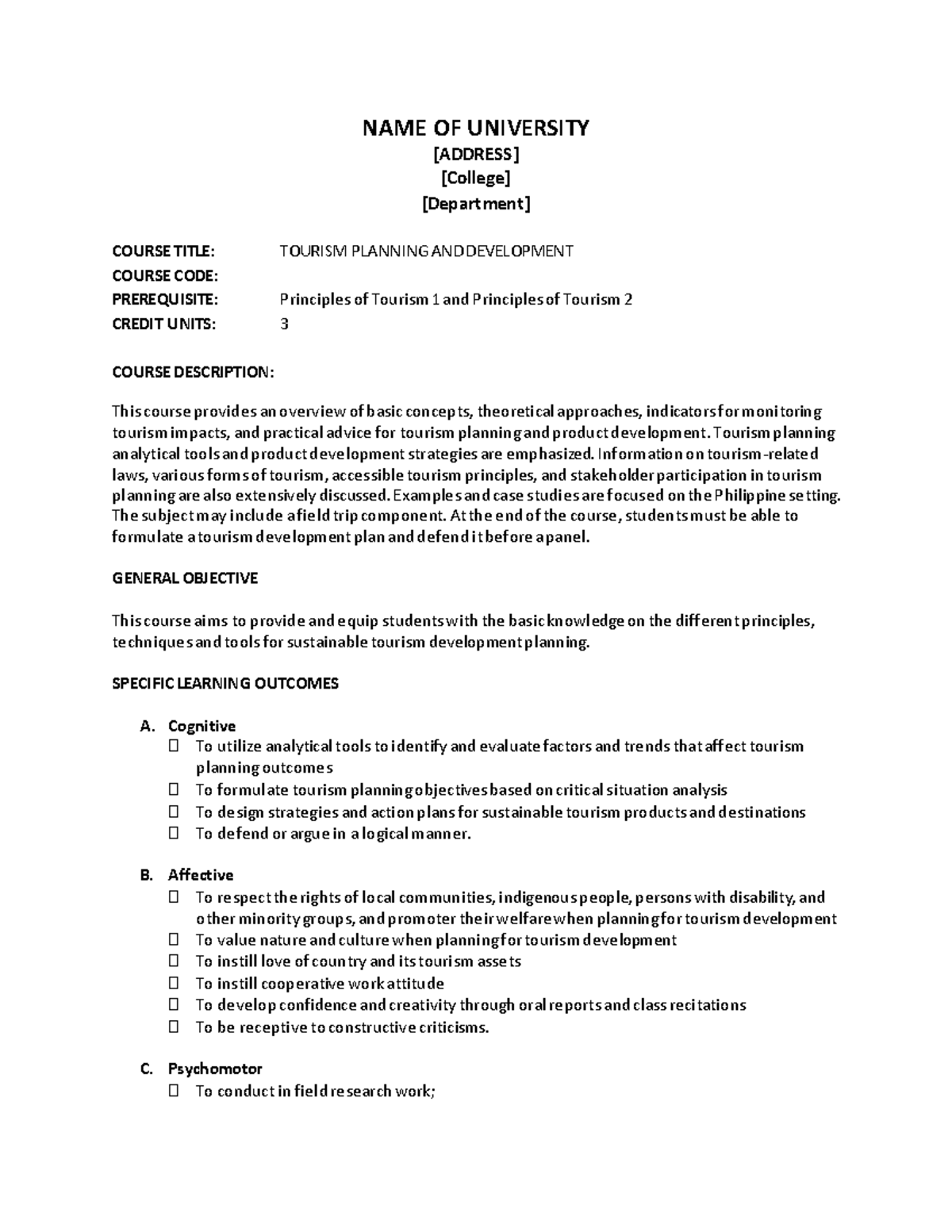 Course Outline- Tourism Planning and Development - NAME OF UNIVERSITY ...