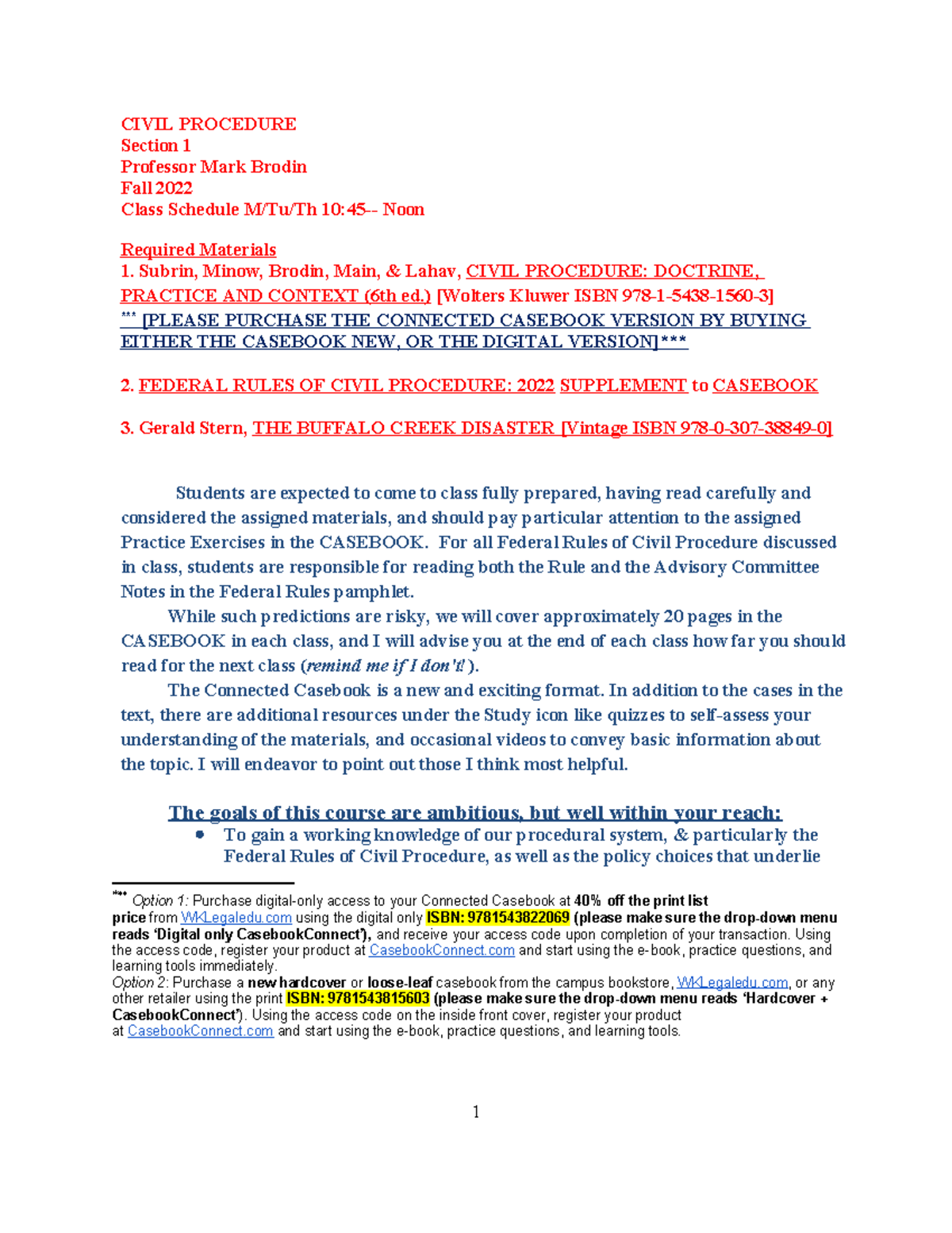 Civ Pro Syllabus Fall 2022 - CIVIL PROCEDURE Section 1 Professor Mark ...