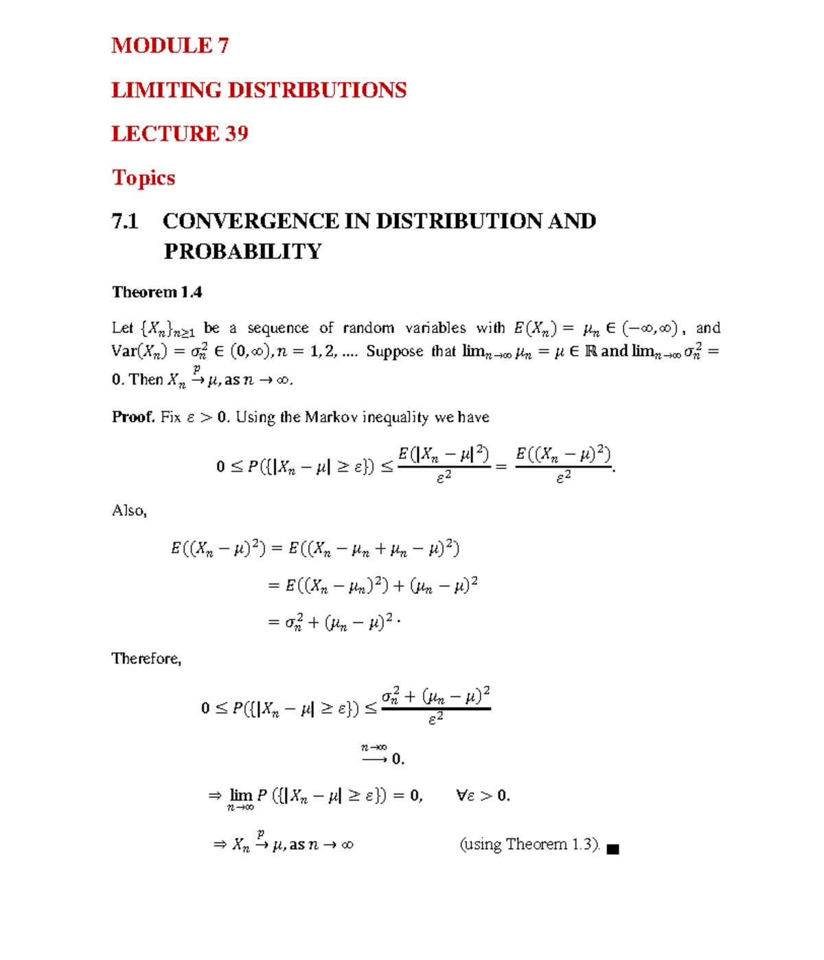 Lecture 39 - Probability and Distributions - MODULE 7 LIMITING DISTRIBUTIONS LECTURE 39 Topics 7 ...