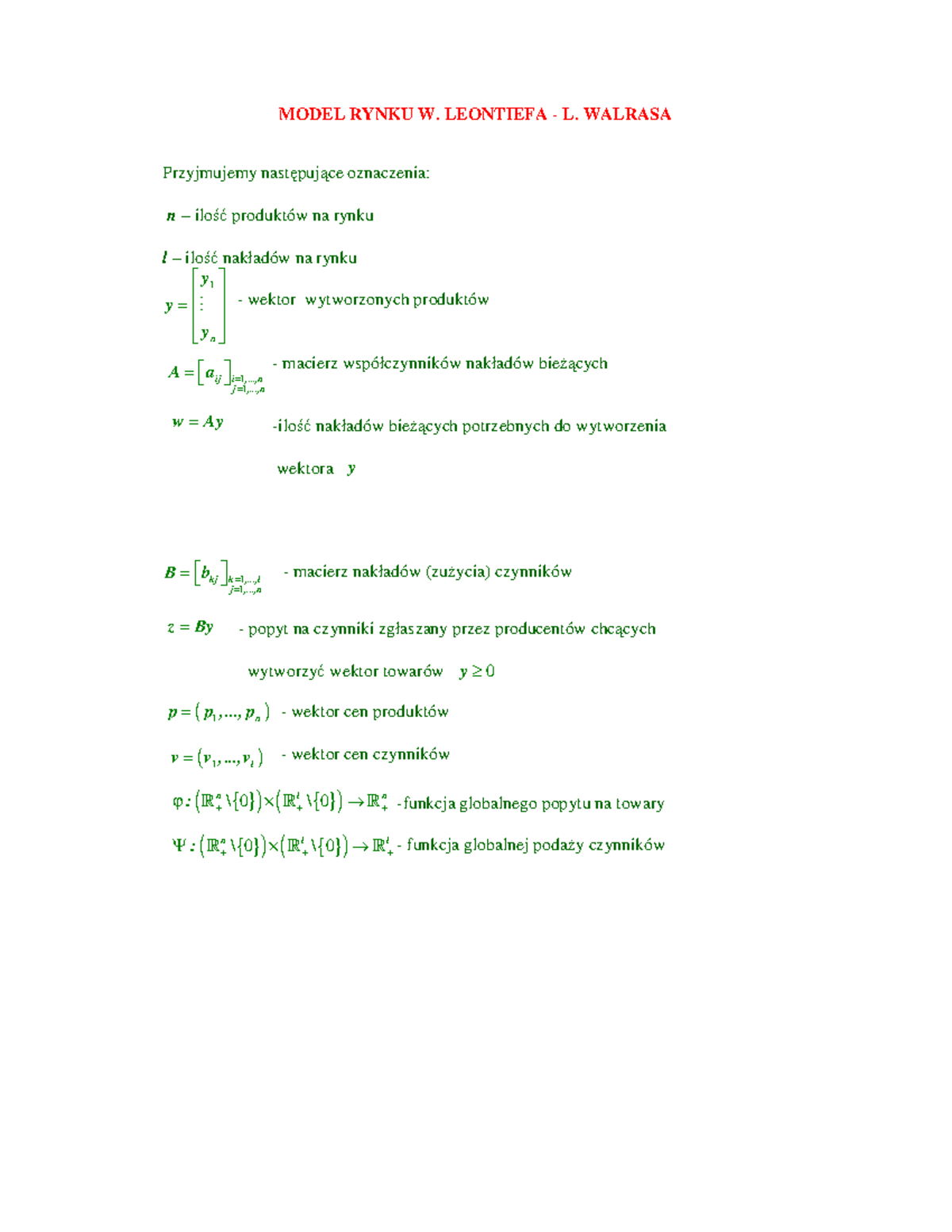 3 - lista zadan 3 - MODEL RYNKU W. LEONTIEFA - L. WALRASA Przyjmujemy ...