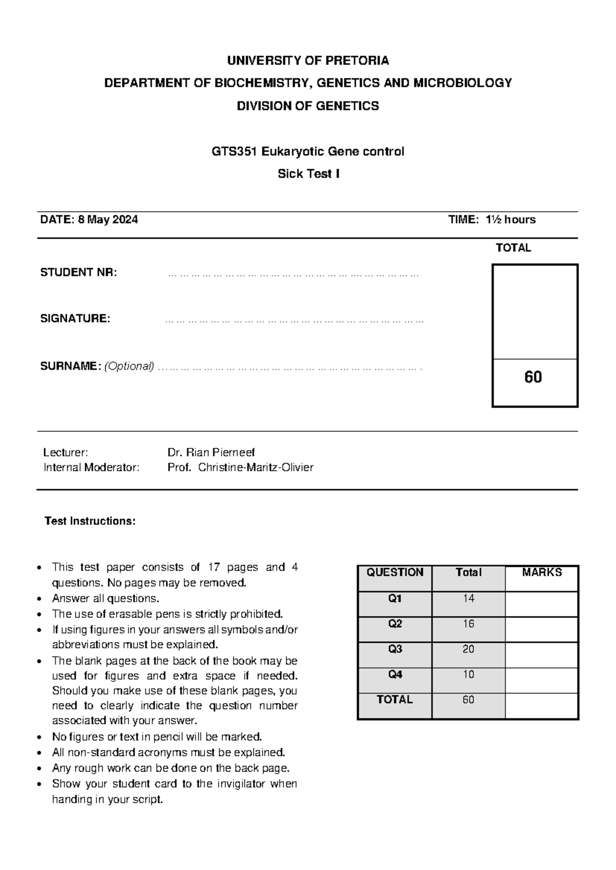 Sick Test 1 2024 memo - UNIVERSITY OF PRETORIA DEPARTMENT OF ...