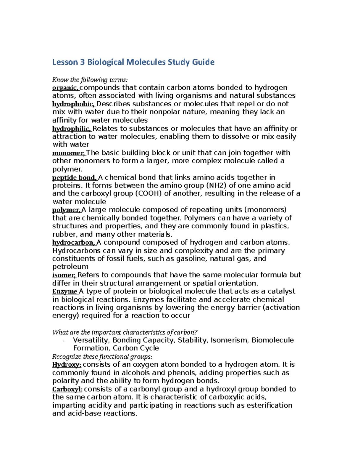 Lesson 3 Study Guide answers - Lesson 3 Biological Molecules Study ...