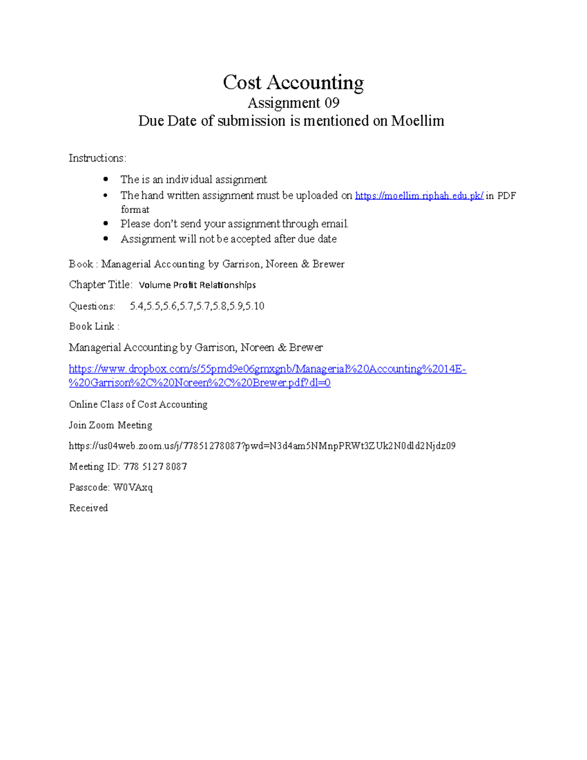 Assignment 09 - Cost Accounting Assignment 09 Due Date of submission is ...