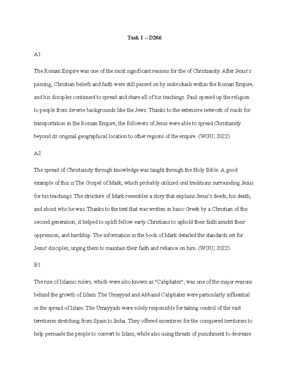 D266 Task 1 - passed - Task 1 – D A1. The Roman Empire was one of the most significant reasons ...