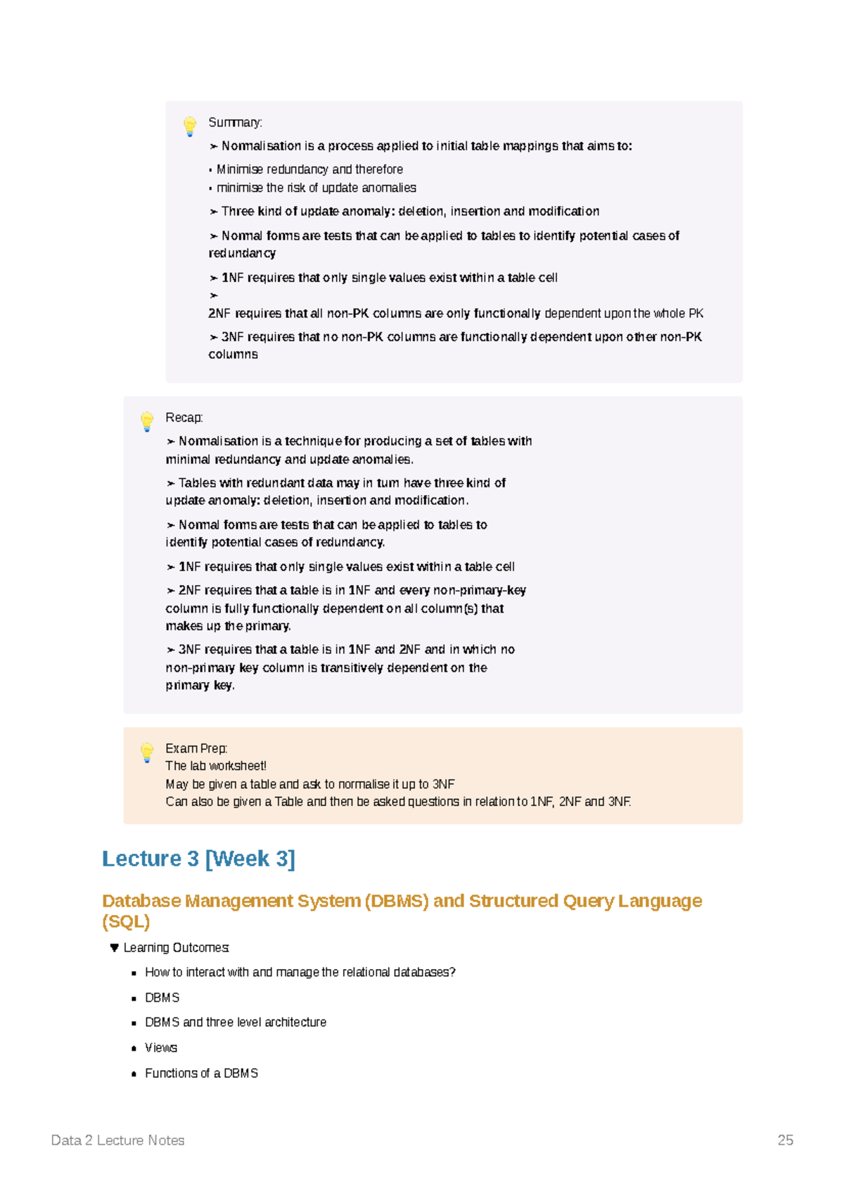Data 2 Lecture Notes Copy Part 3 Summary Normalisation Is A Process Applied To Initial Table