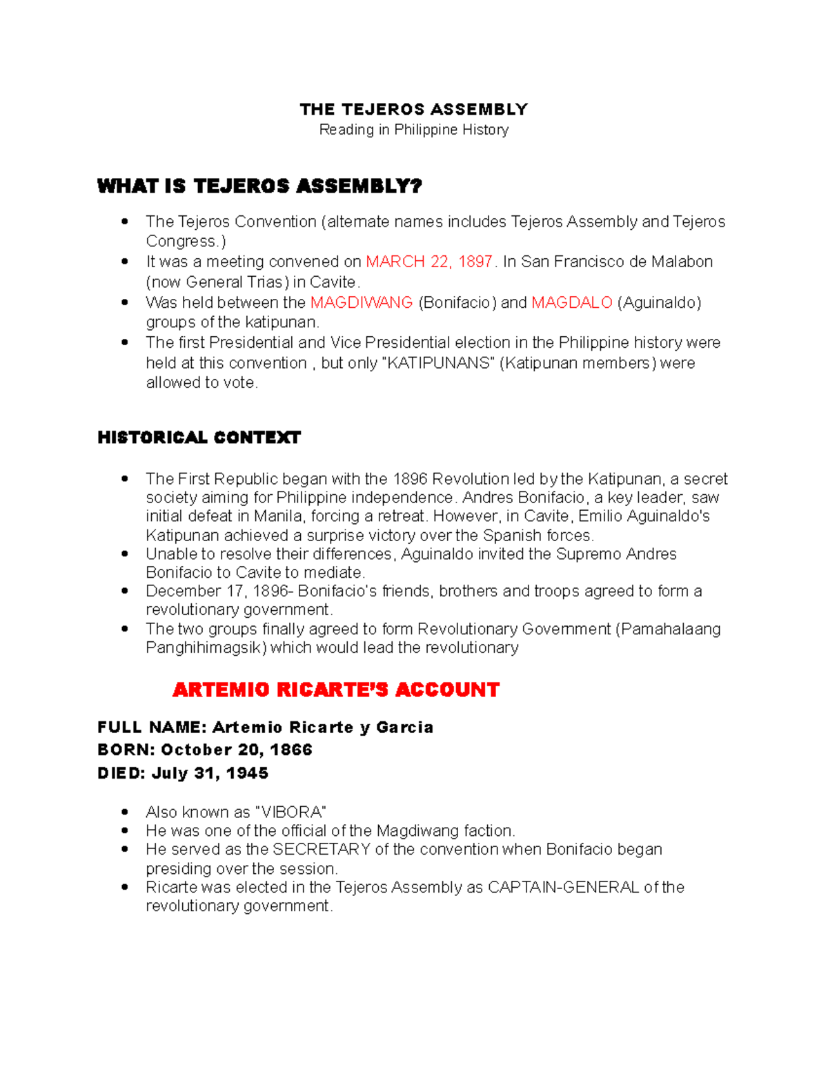 THE- Tejeros- Assembly - THE TEJEROS ASSEMBLY Reading in Philippine History WHAT IS TEJEROS ...