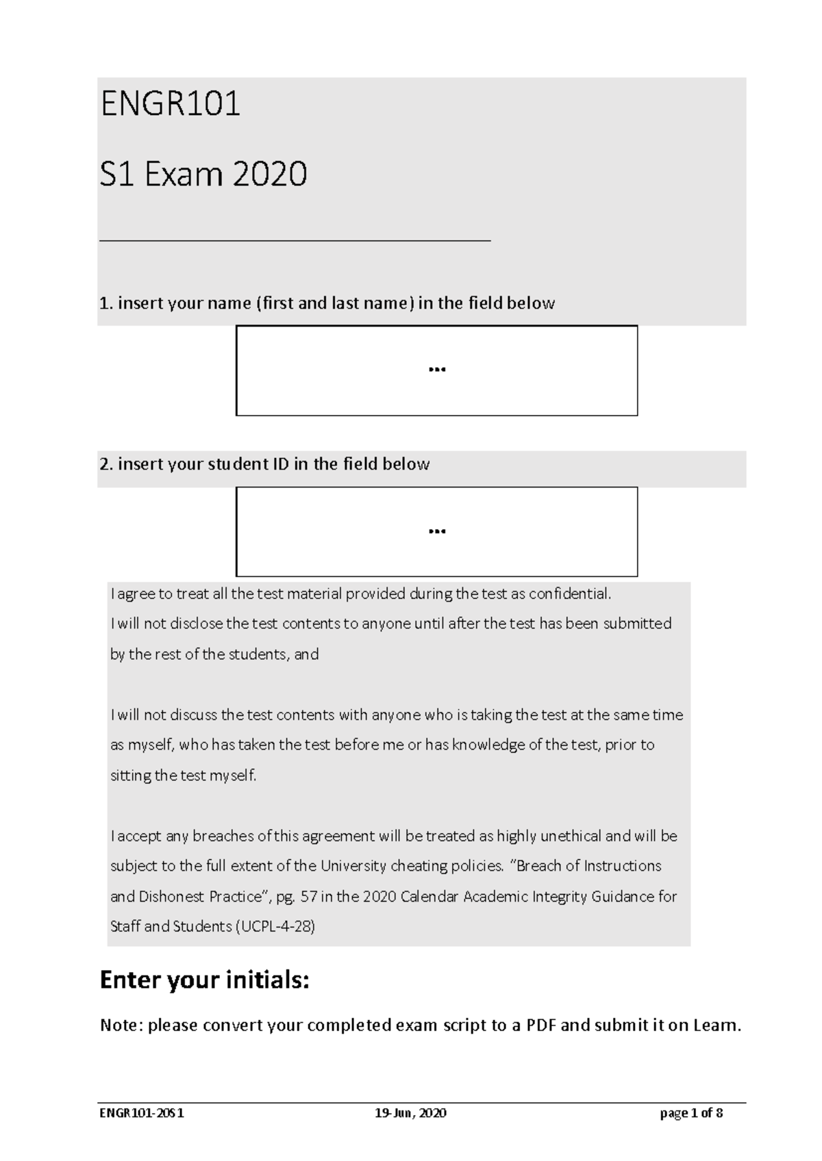 ENGR101 Exam 2020 - Mid Semester Test - ENGR S1 Exam 2020 1. insert ...