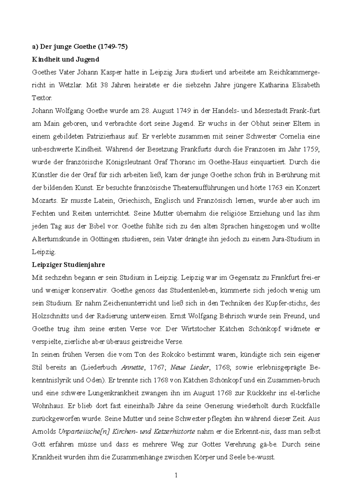 Goethe Dichter und Werk - a) Der junge Goethe (1749-75) Kindheit und ...