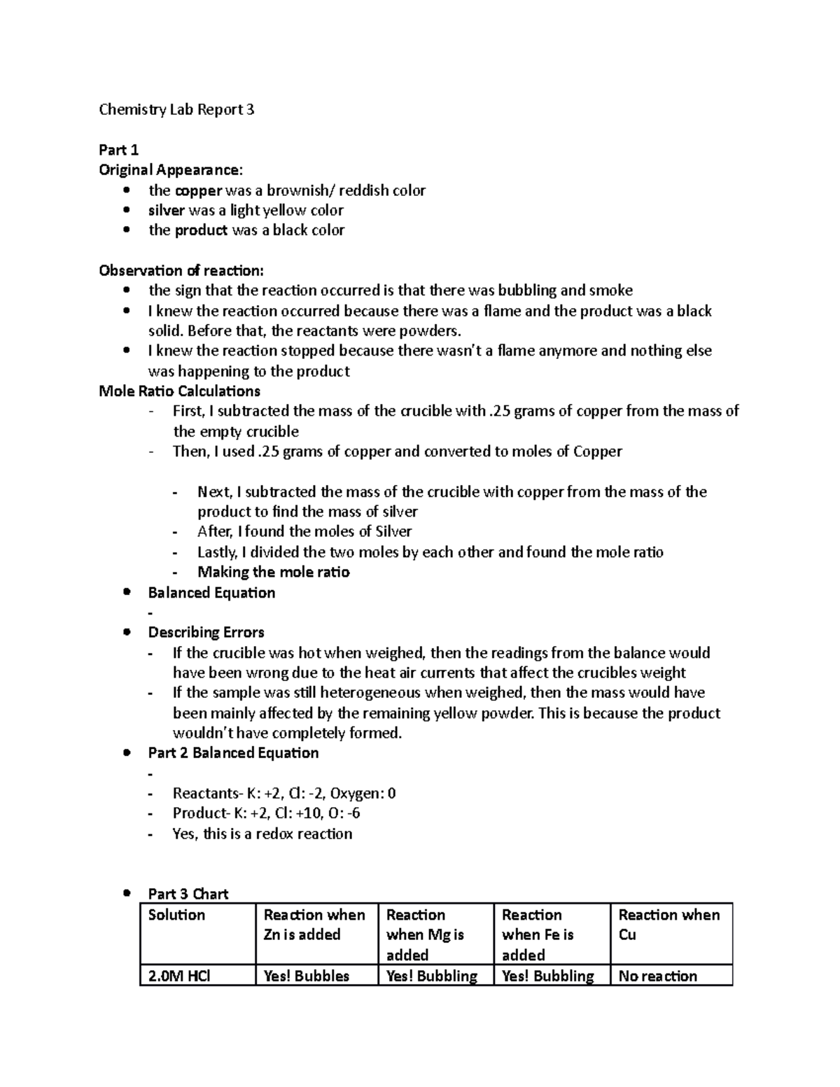 Chemistry Lab Report 3 - chemical reactions - Chemistry Lab Report 3 ...