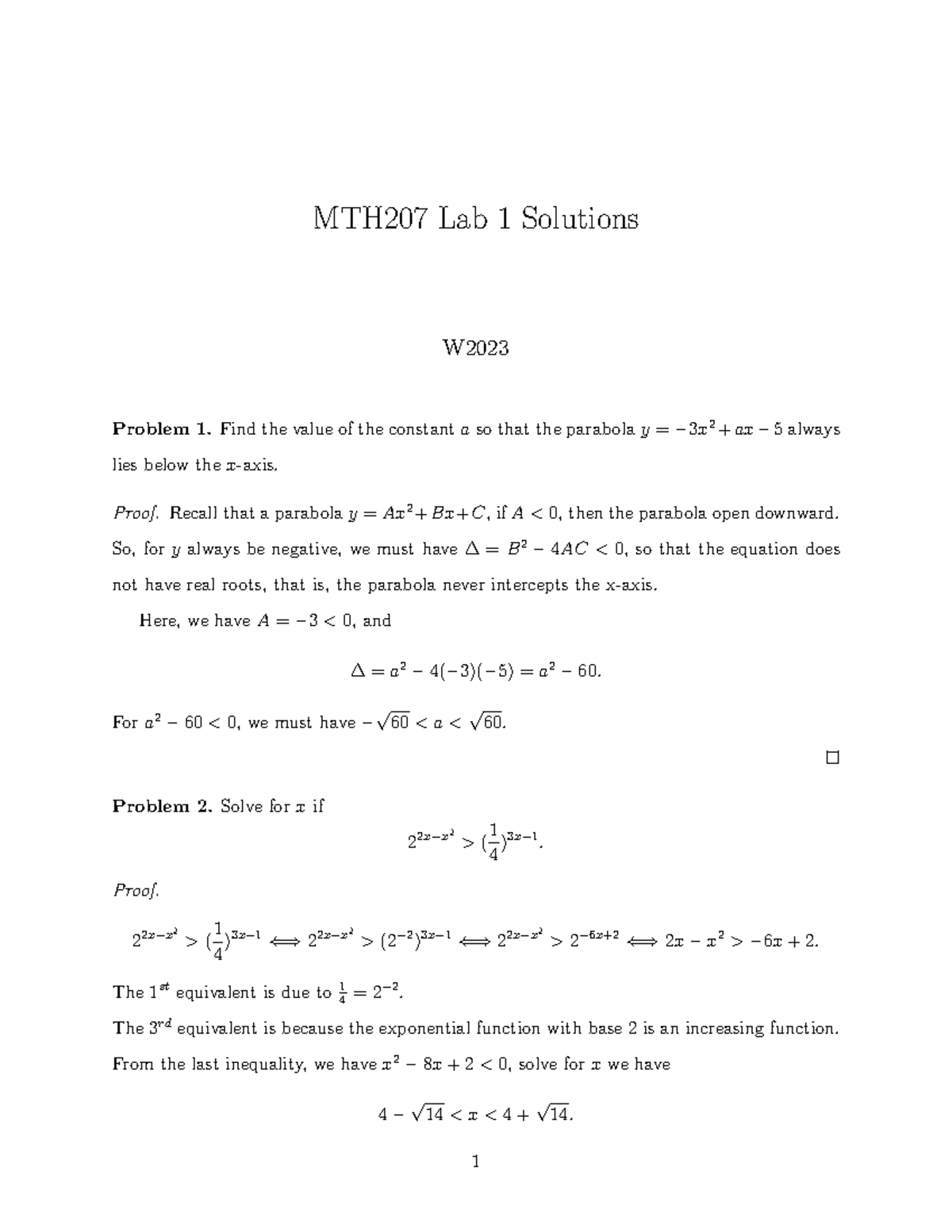 MTH207 Lab 1 Solutions 1 - MTH207 Lab 1 Solutions W Problem 1. Find the value of the constant a ...