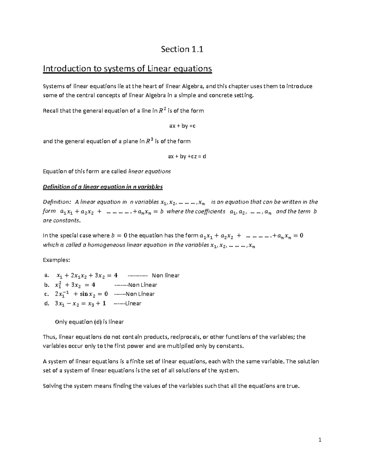 LA lecture notess - Introduction to systems of Linear equations Systems ...