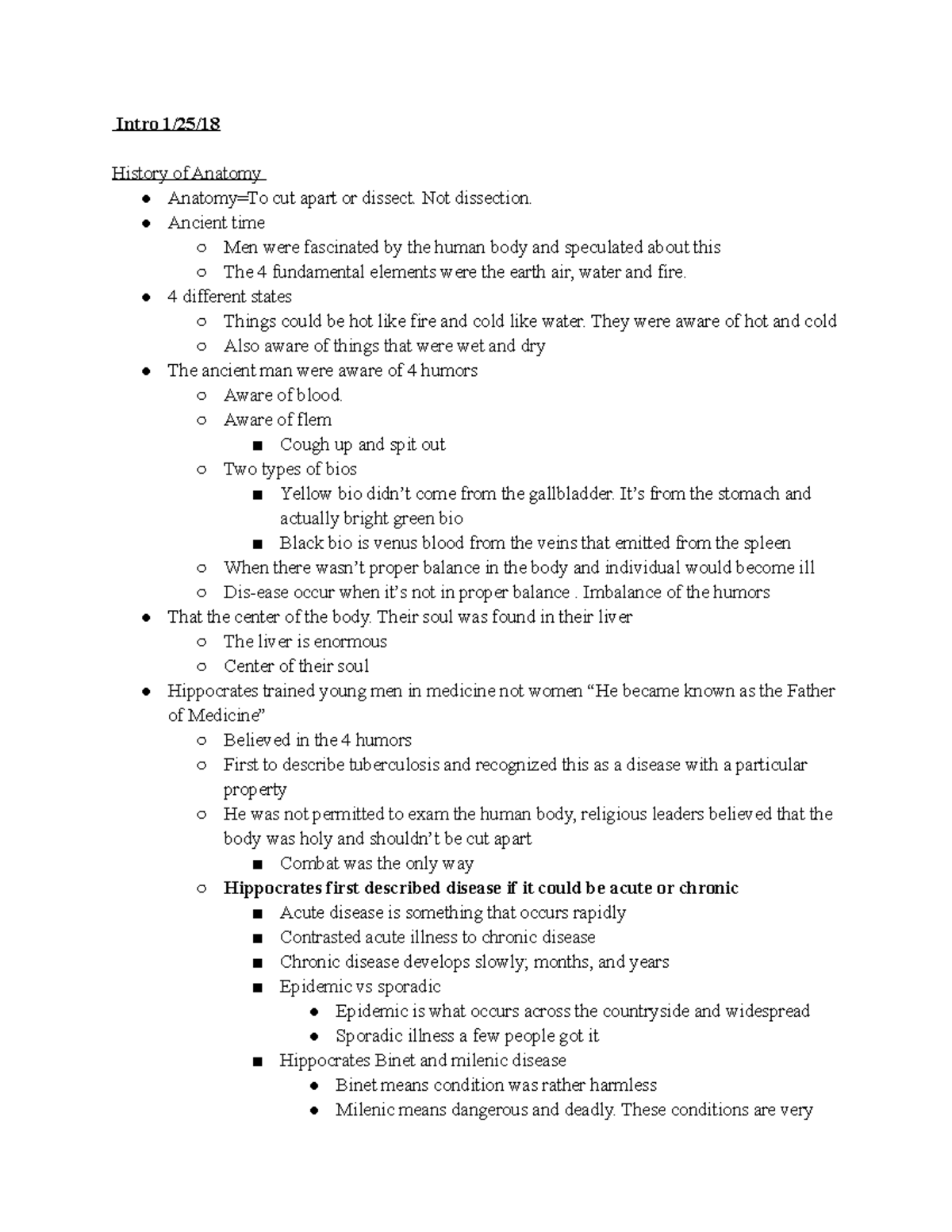 BIOL 65 Lecture notes for Exam 1 - Intro 1/25/ History of Anatomy ...