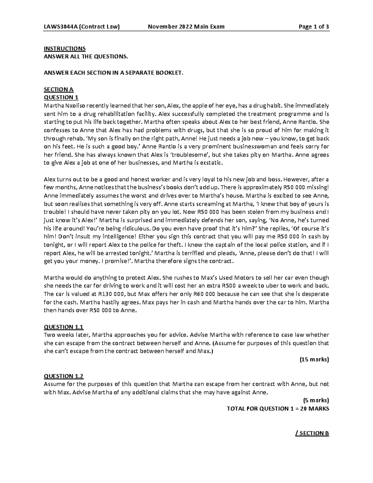 Nov 2022 MAIN EXAM - Exam question paper for contract law - LAWS3044A ...